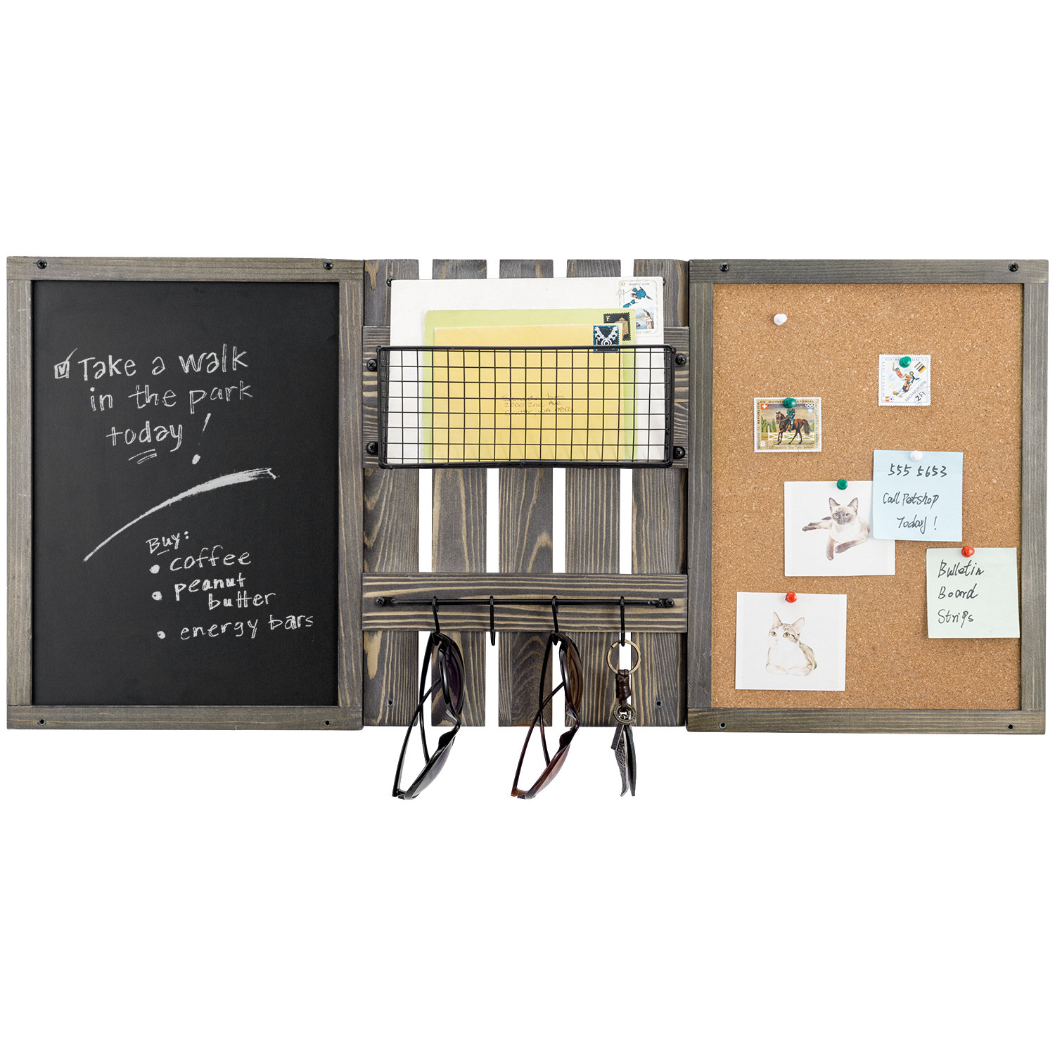 Gracie Oaks Mail Basket With Chalkboard, Cork Board And Key Hooks | Wayfair