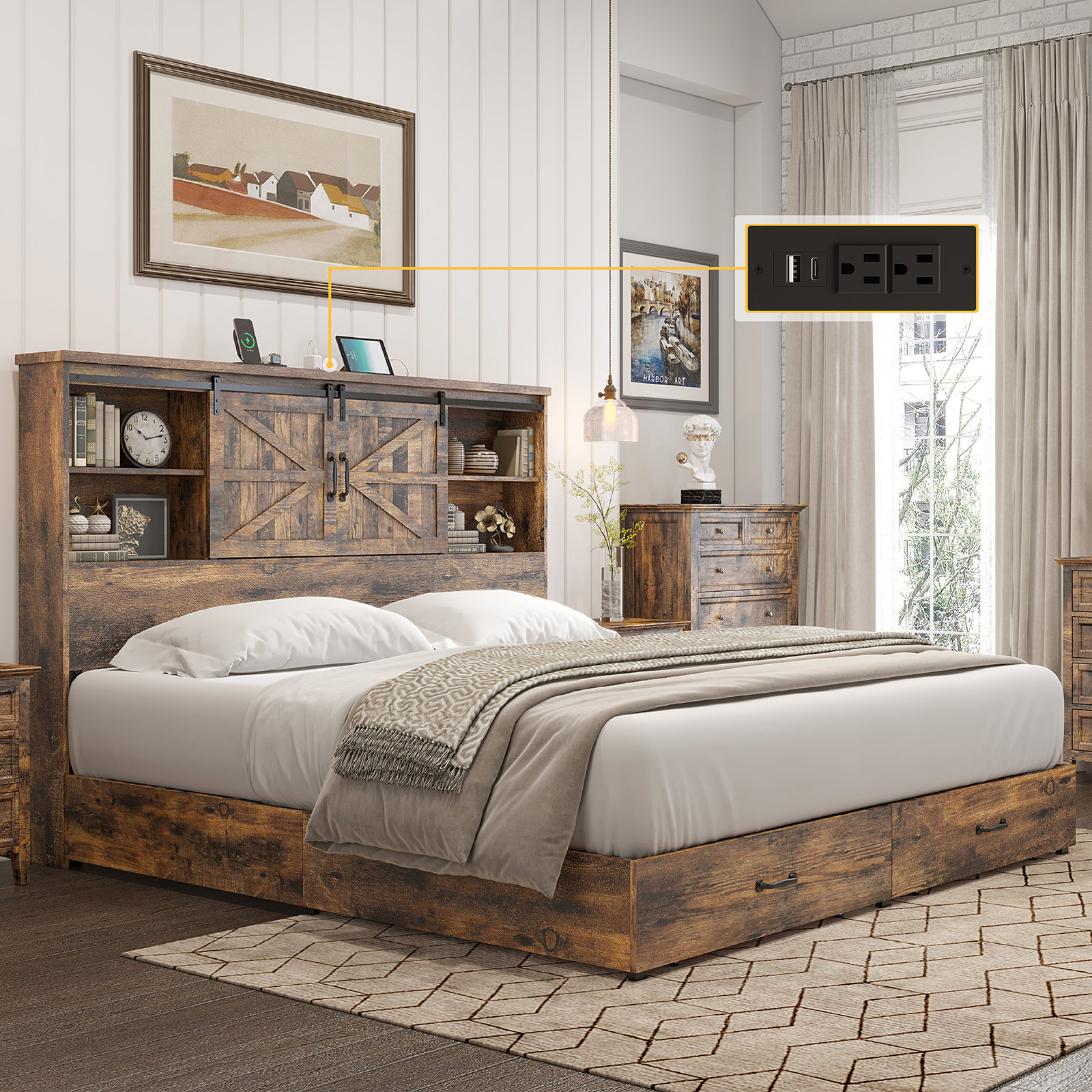 Gracie Oaks Sherell Wooden Platform Bed Frame with Sliding Barn Door ...