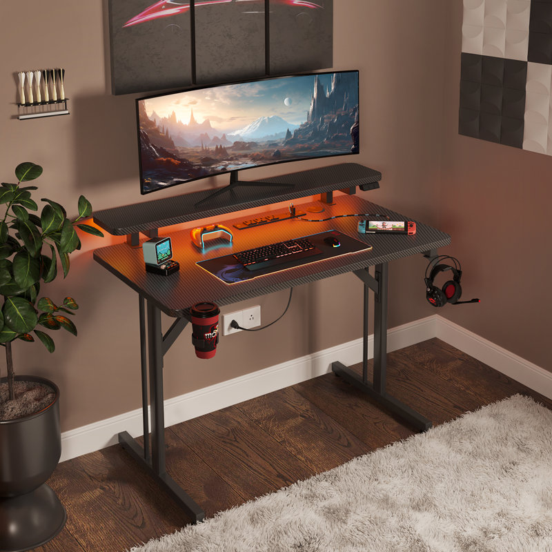 Inbox Zero Marivel Gaming Desk with LED Strips & Cup Holder, Home ...