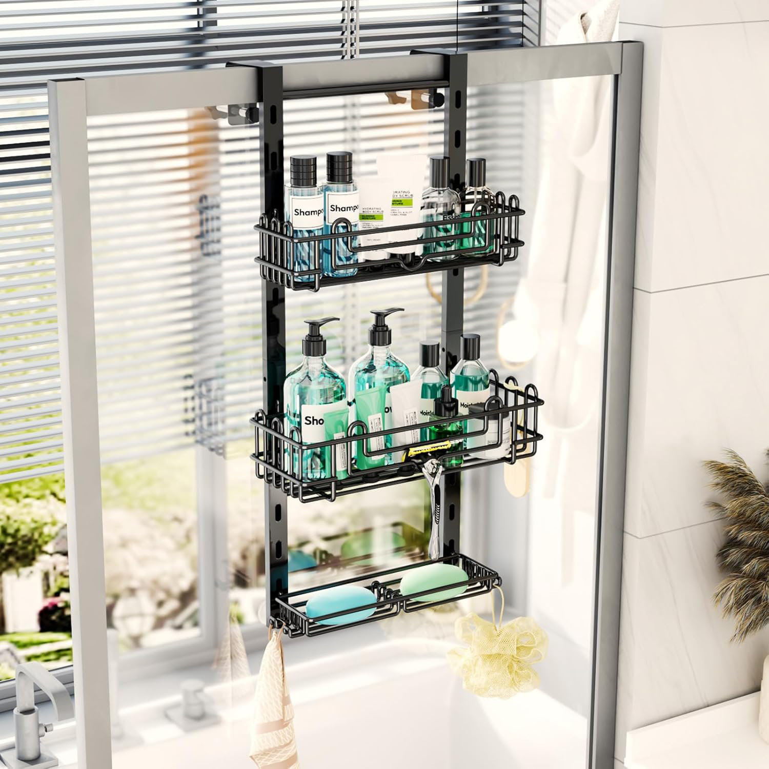 Rebrilliant 3-Tier Over The Door Shower Caddy With 16 Hooks And 2 Soap Dishes, Adjustable No ...