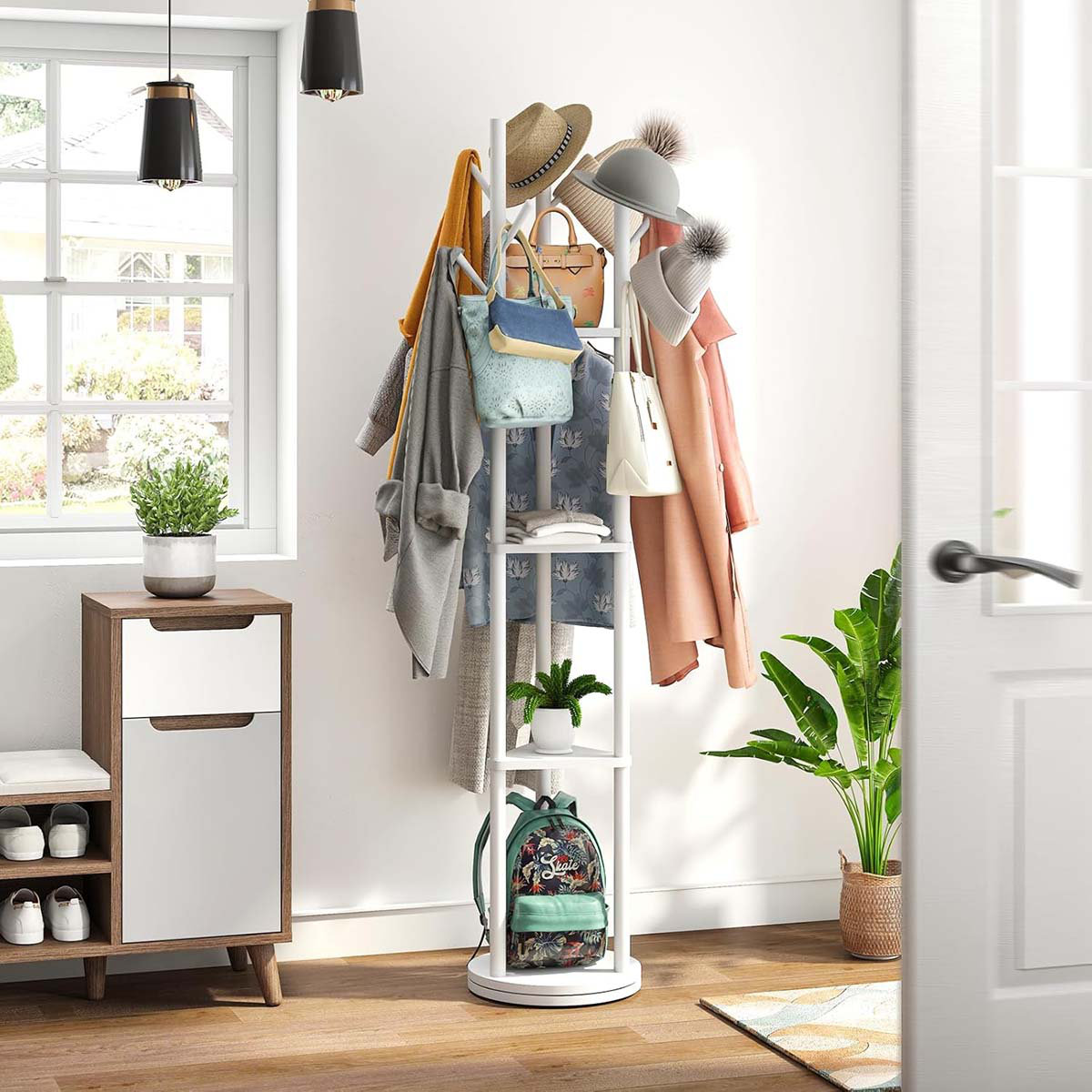 Latitude Run® Rotary Coat Rack Stand With 8 Hooks, Bamboo Wood Coat ...