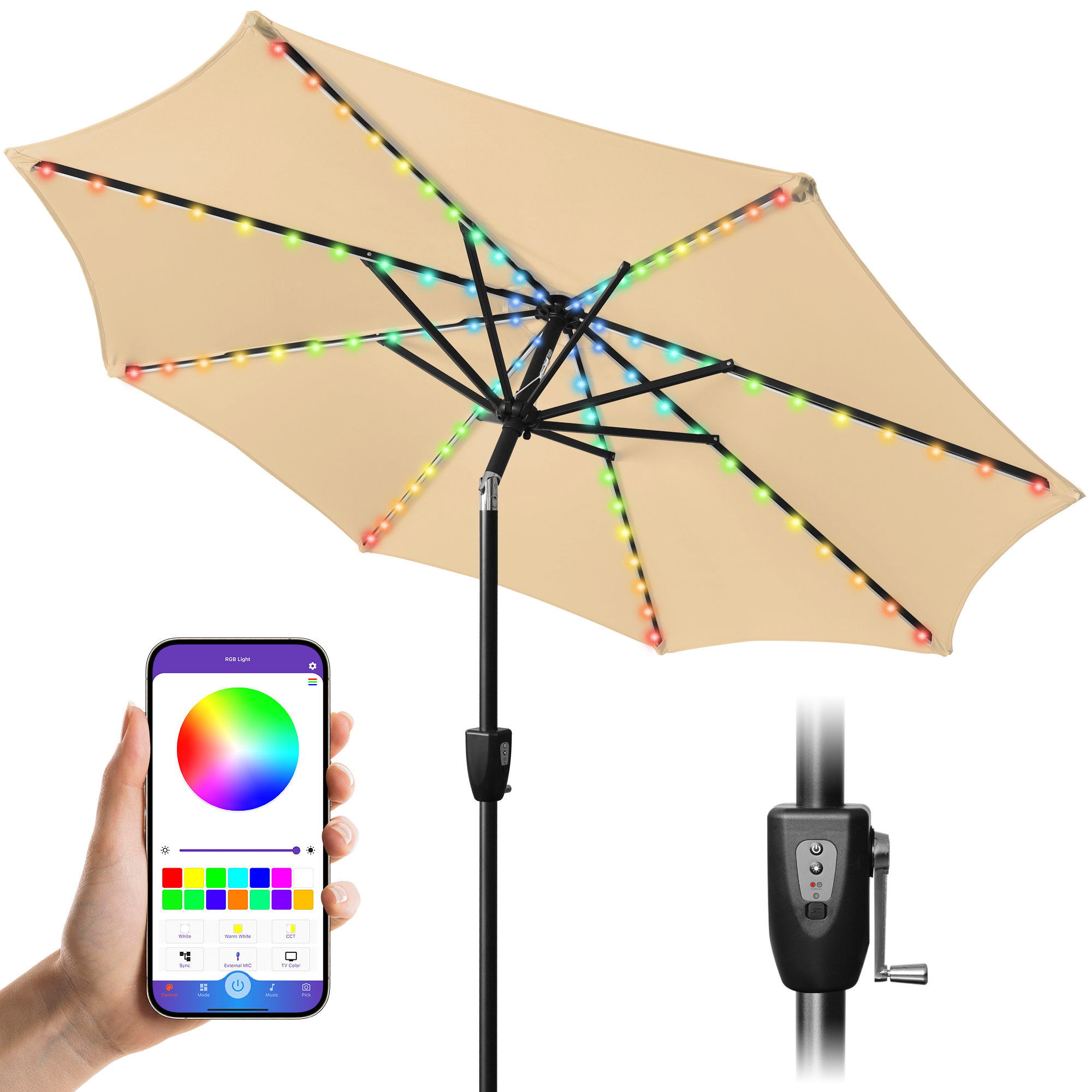 LovoIn 7.5 Ft Solar Umbrella, 32 COLORFUL LED Lighted Patio Umbrella ...
