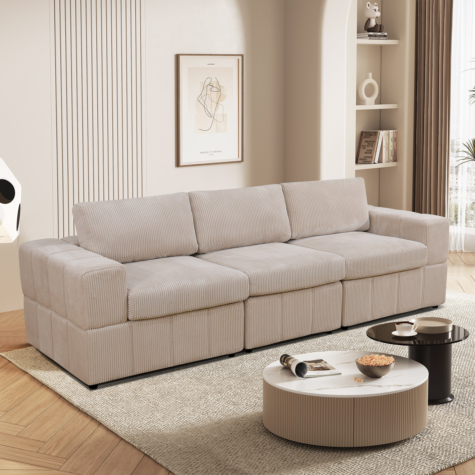 Latitude Run® Onyx Cream Beige Corduroy 3-Piece Living Room Modular ...