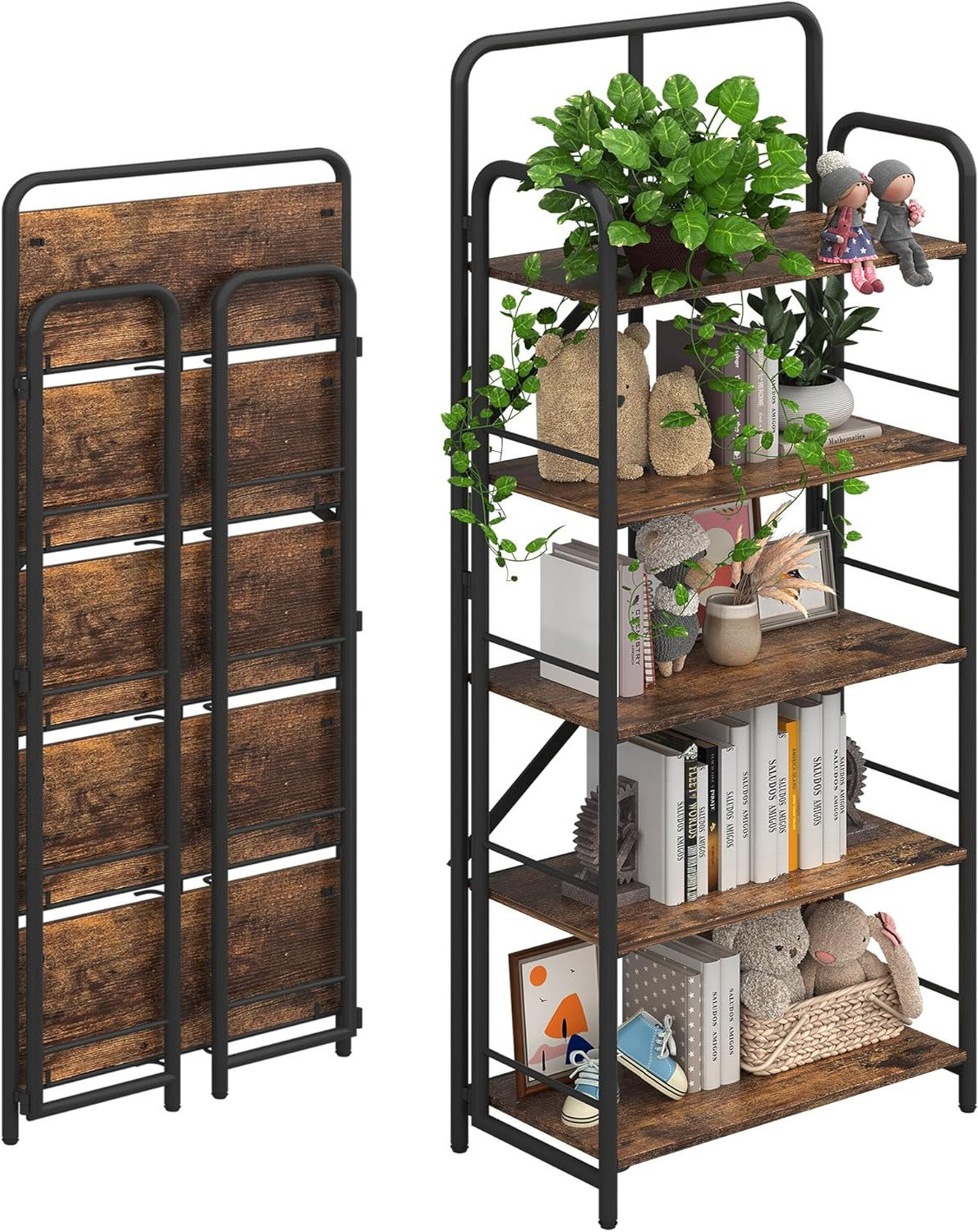 17 Stories No Assembly Folding Bookshelf,Vintage Industrial Book Shelf ...