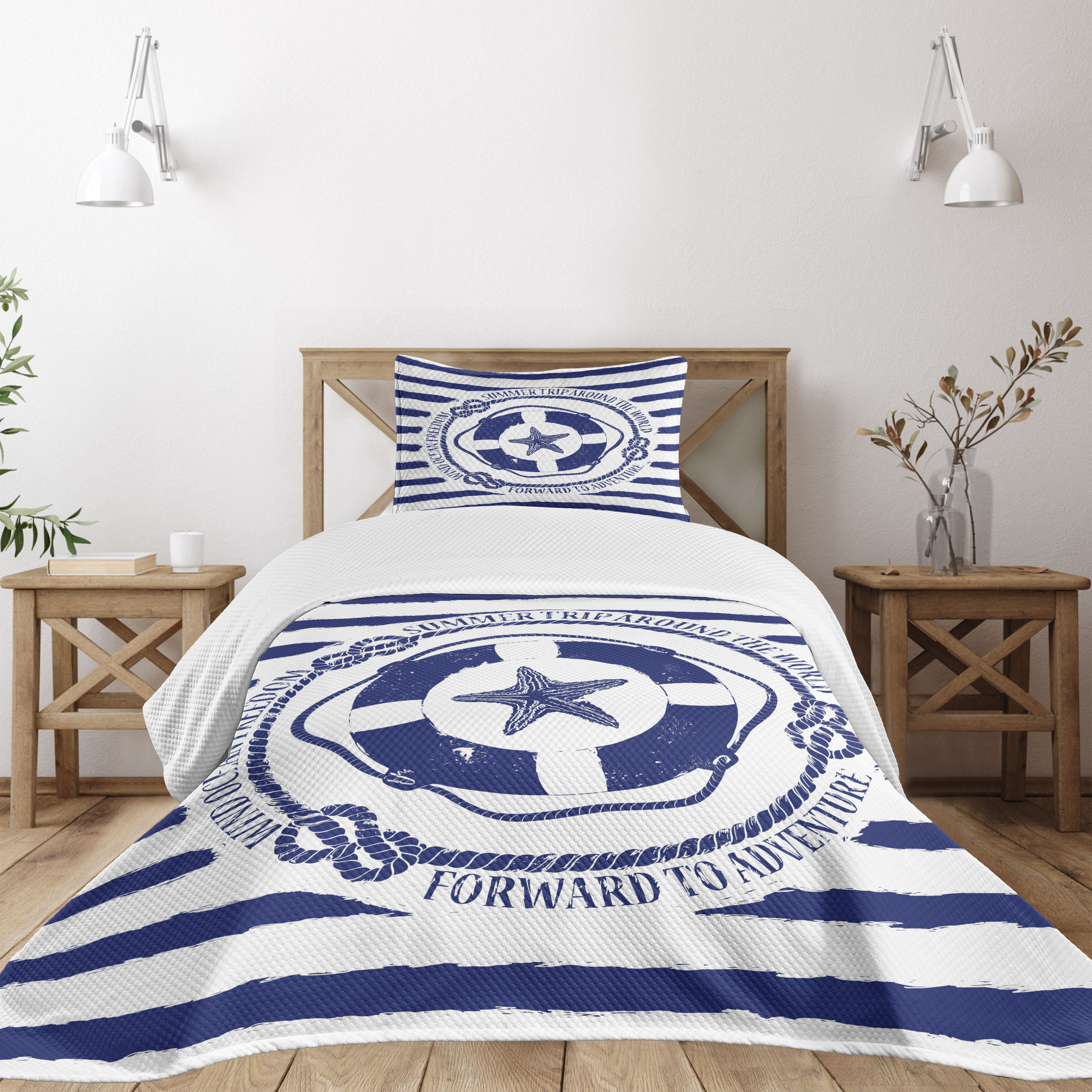 Ambesonne Starfish Bedspread Trip Starfish Striped Navy Blue White ...