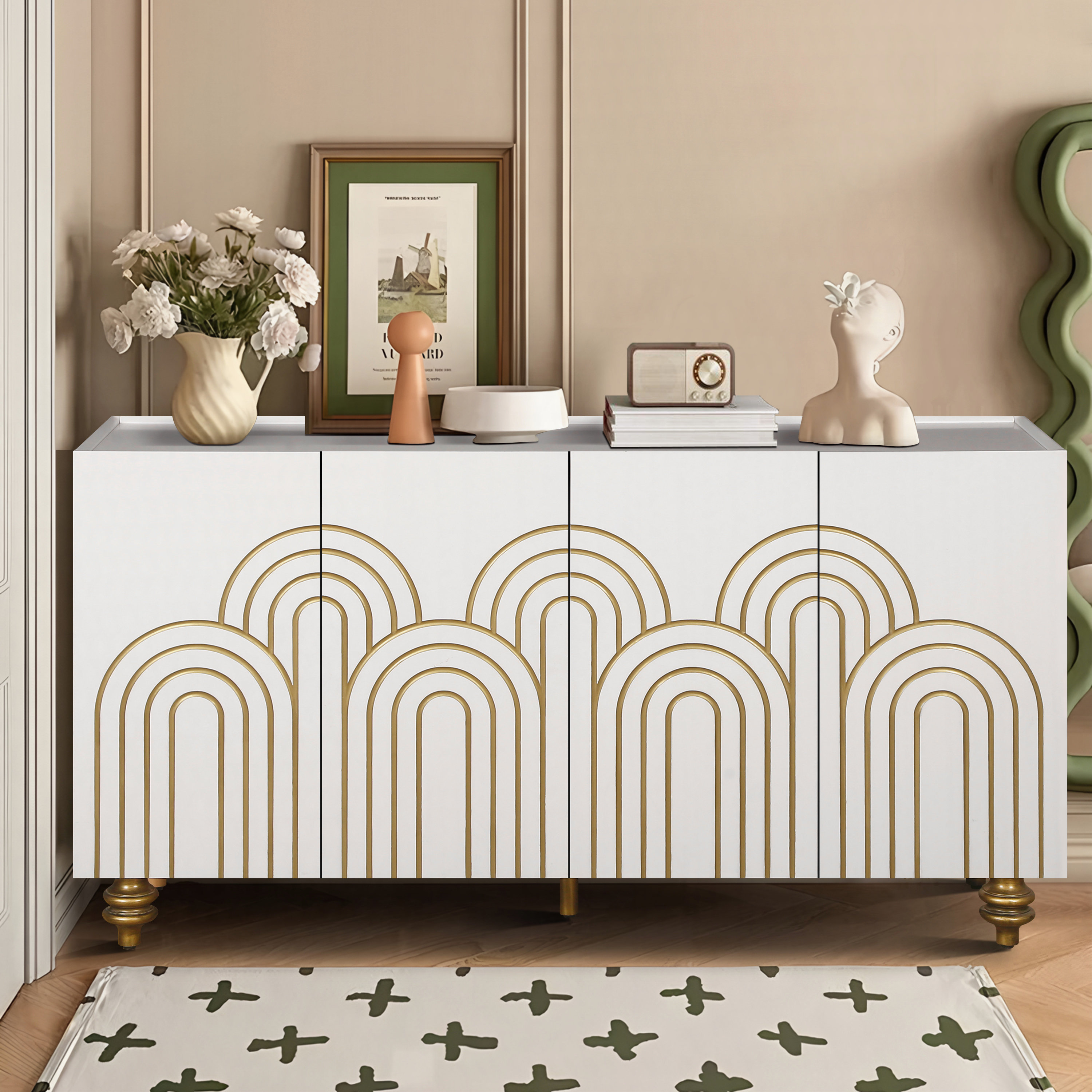 Mercer41 Modern Fluted Sideboard Buffet with Storage, Curve Element ...