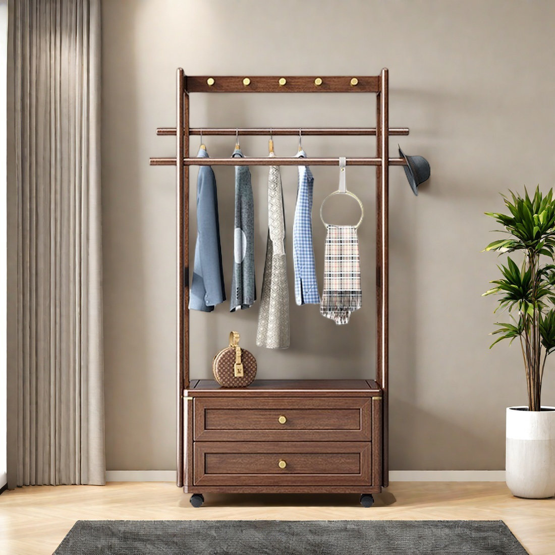 Ebern Designs Coat Rack MultiStorage Metal Hooks Double Rods | Wayfair