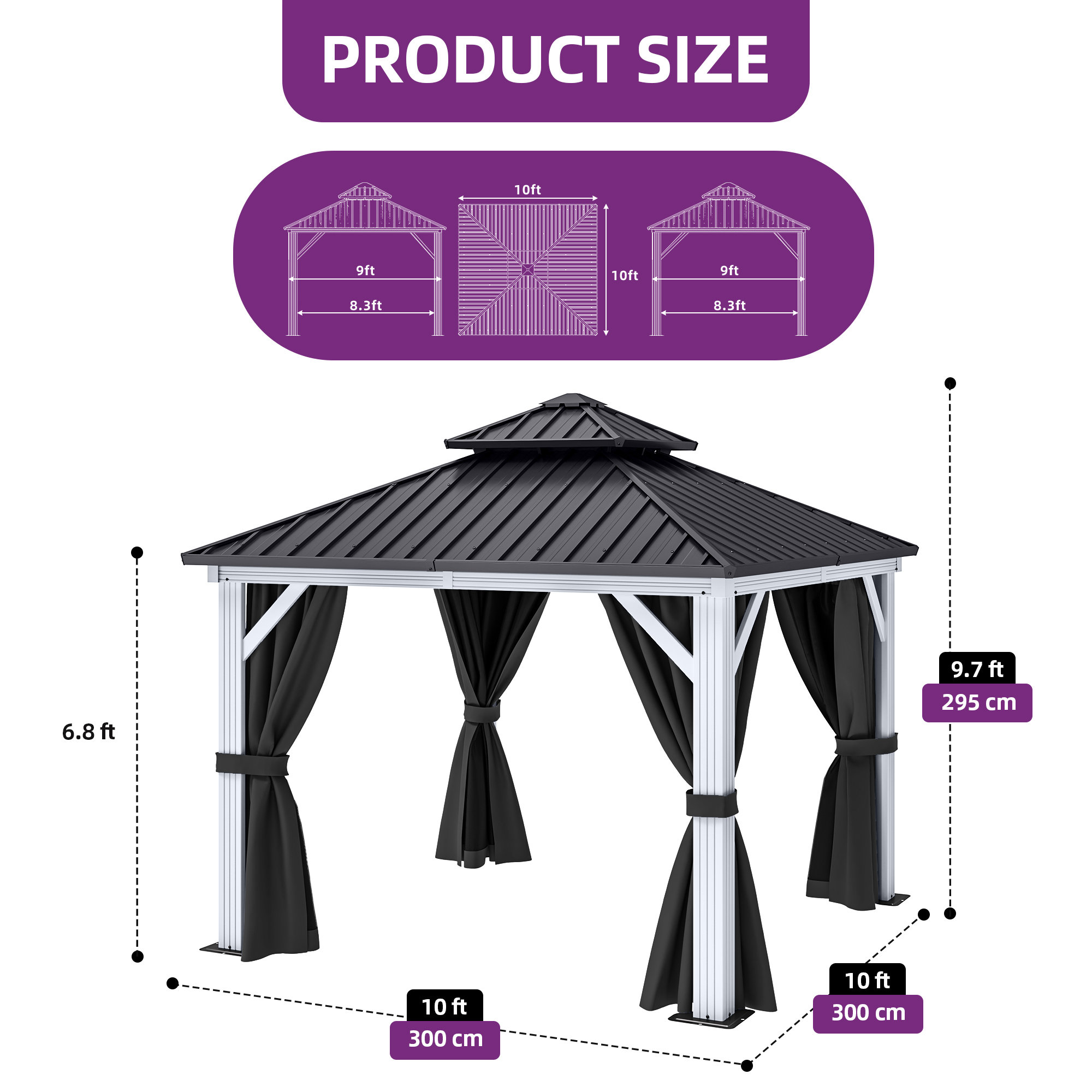 Balconera 10Ft. W X 10Ft. D Aluminum Patio Gazebo With Double Roof ...