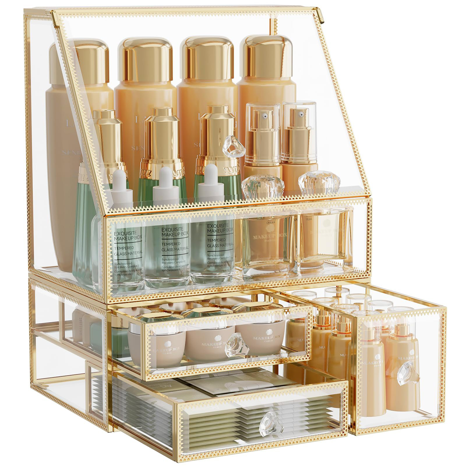 Everly Quinn Amber Glass Makeup Organizer – Stackable, Rust-Resistant, Multi-Purpose Storage For ...