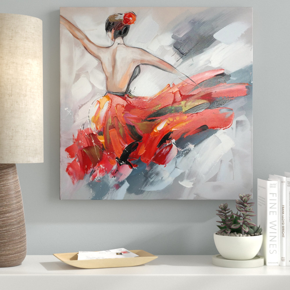 Ebern Designs 'Dancing Girl in Red Dress I' Oil Painting Print on ...