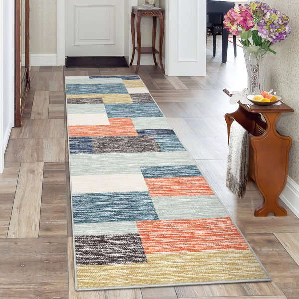Ebern Designs Geometric Machine Washable Area Rug with Rubber Backing ...