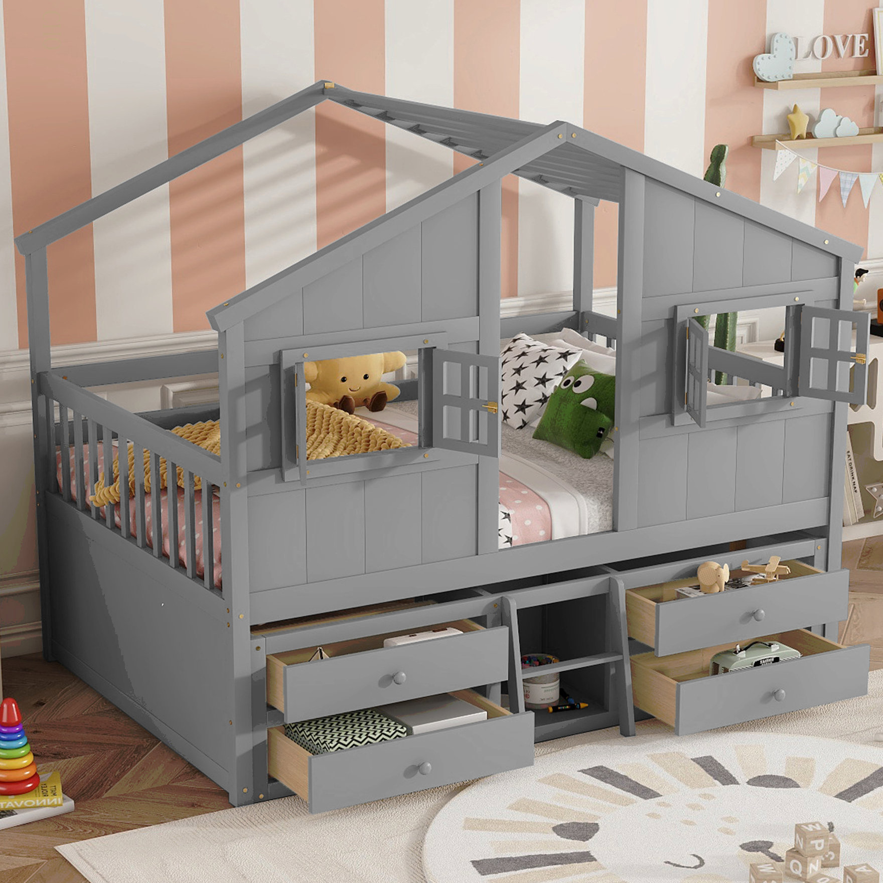 One Allium Way® Full Size House Loft Bed With Roof, Windows,4 Storage ...