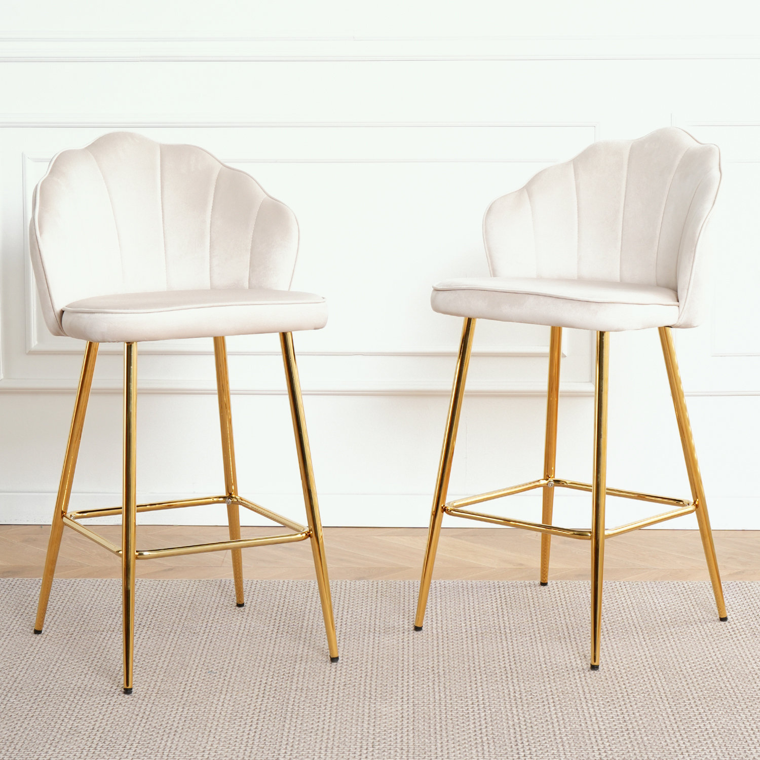 Mercer41 Set of 2 Shell shape velvet Bar Stools with Metal footrest ...