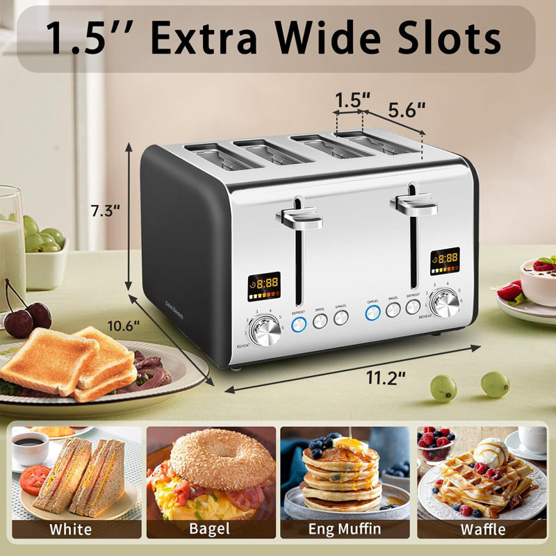 seedeem Toaster 4 Slice, Stainless Steel Bread Toaster LCD Display, 7 ...