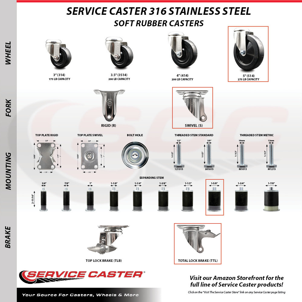 Service Caster Soft Rubber Swivel Expanding Stem Caster Set 4 Lock ... Service Caster Soft Rubber Swivel Expanding Stem Caster Set 4 Lock ...