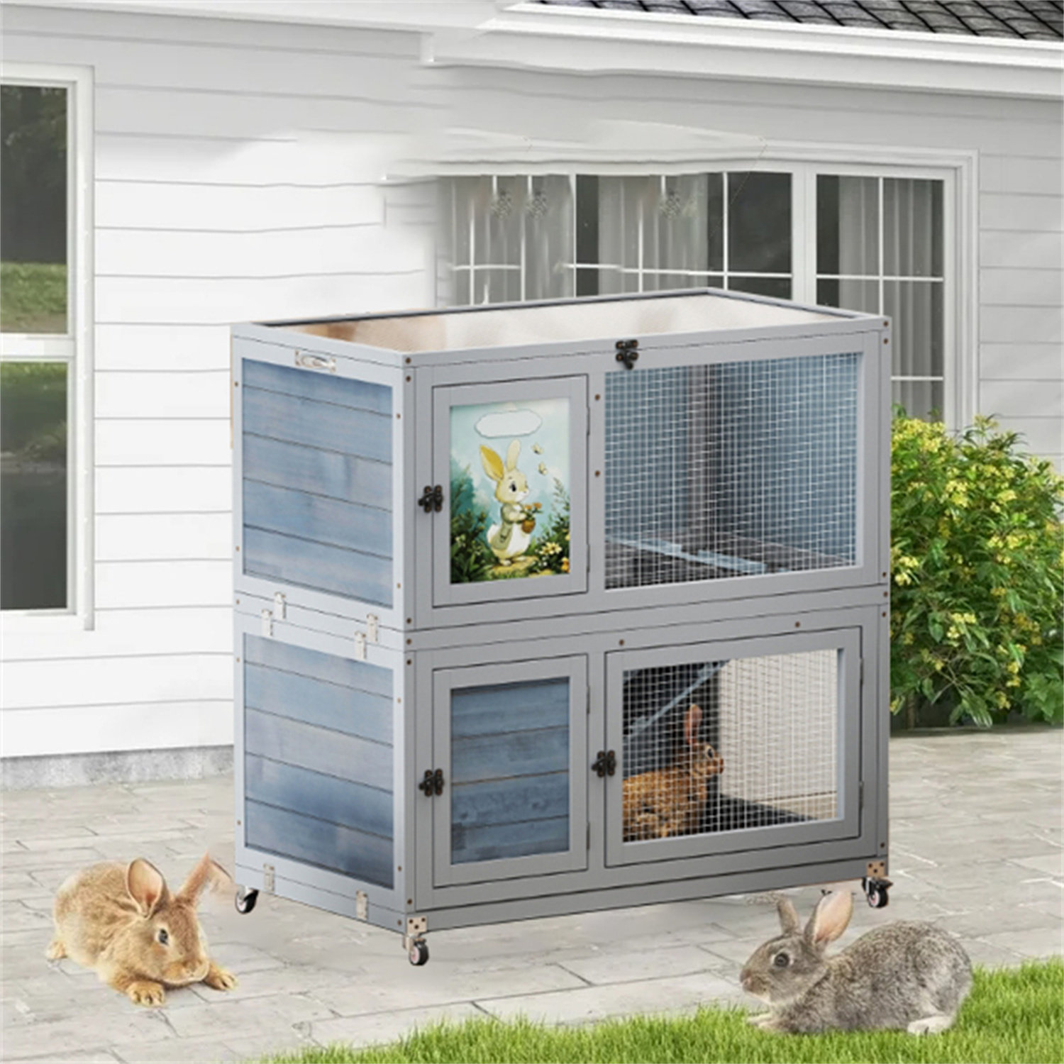 Archie & Oscar™ Double-decker wooden rabbit cage with wheels, indoor ...