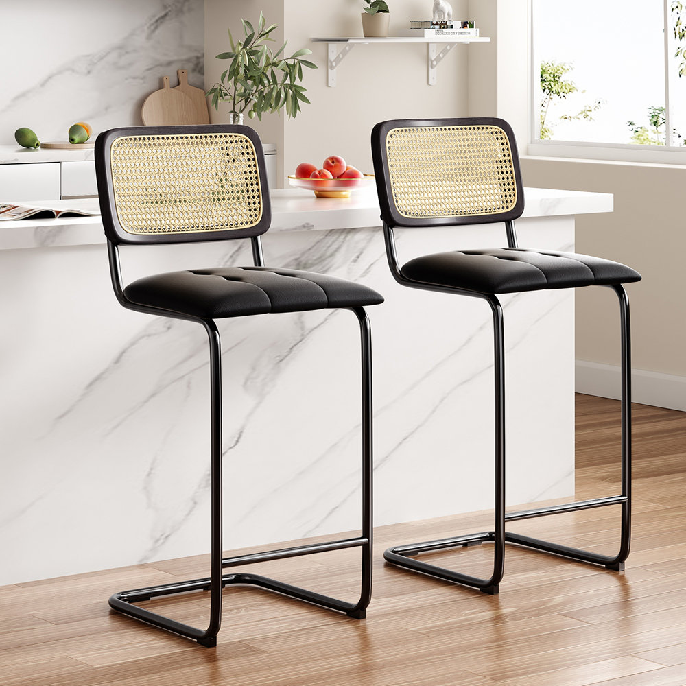Latitude Run® Counter Height Bar Stools Set of 2 Upholstered with Rattan Back Perfect for ...