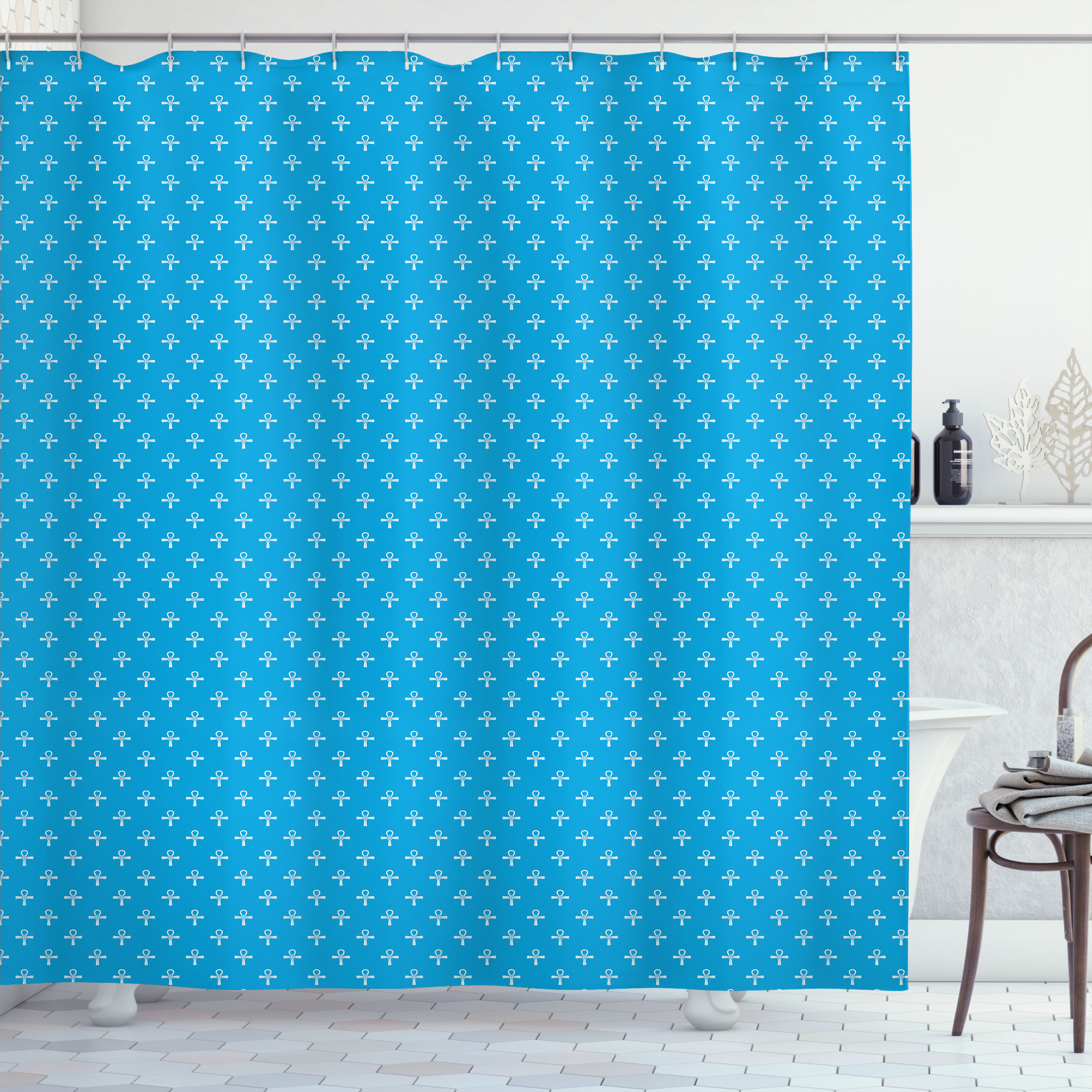 Astoria Grand Egyptian Shower Curtain History Ankh Azure Blue and White | Wayfair