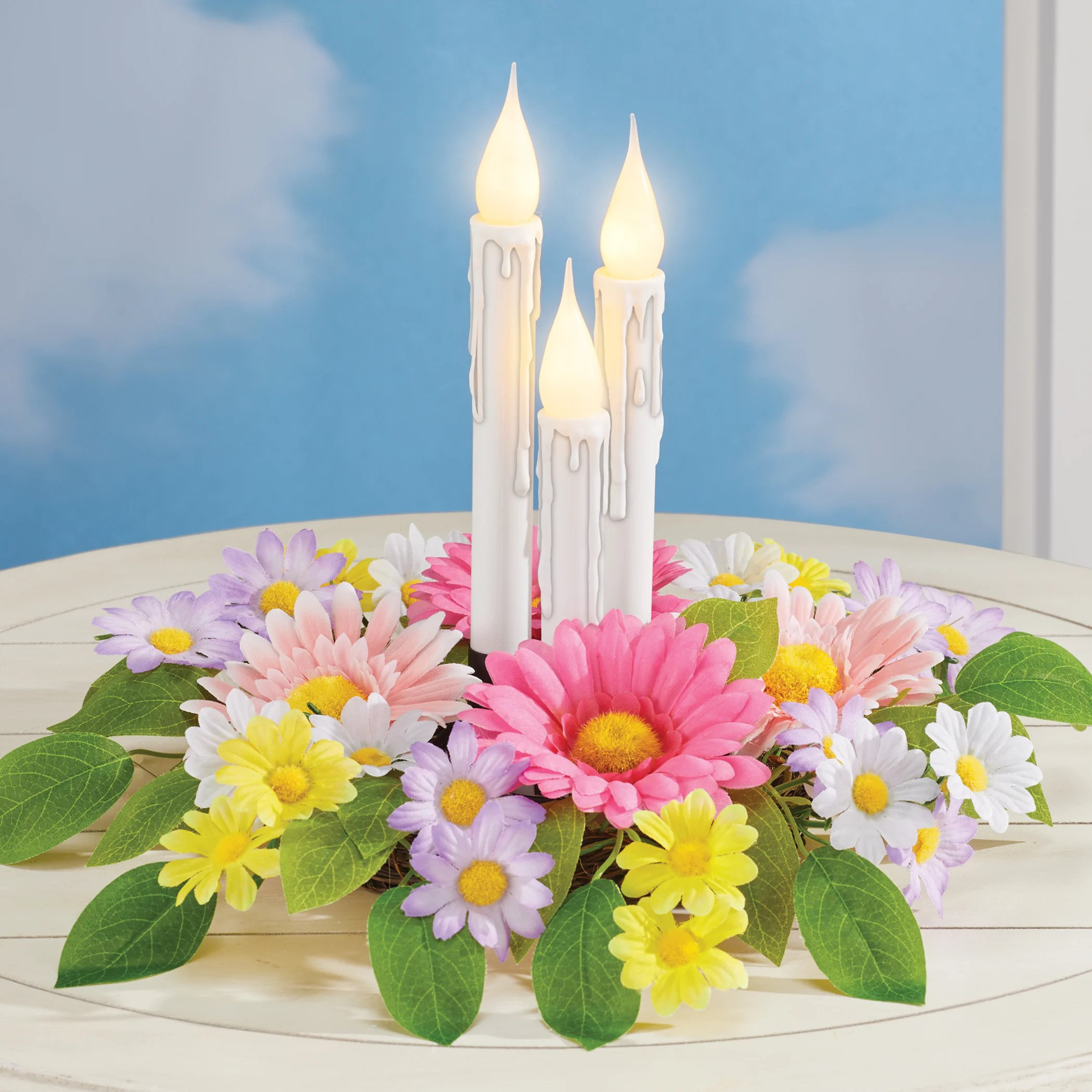 August Grove® LED Lighted Candles Colorful Daisies Centerpiece | Wayfair