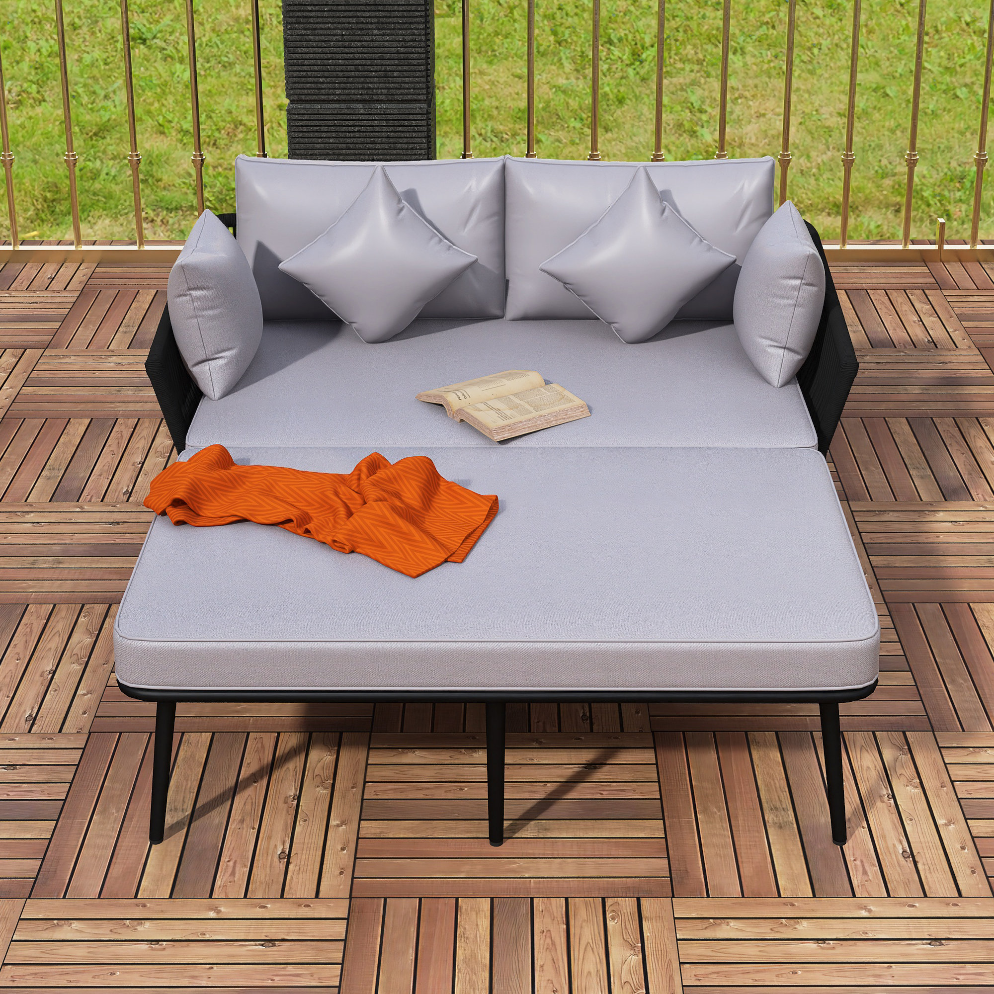 George Oliver Outdoor Patio Daybed, Woven Nylon Rope Backrest With ...