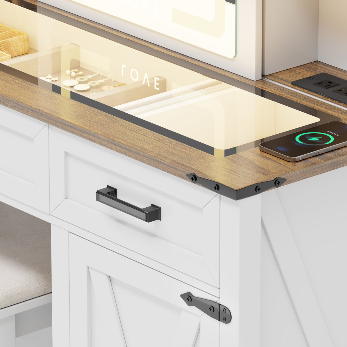 Gracie Oaks Polett Makeup Vanity With Sliding LED Mirror and Outlets ...