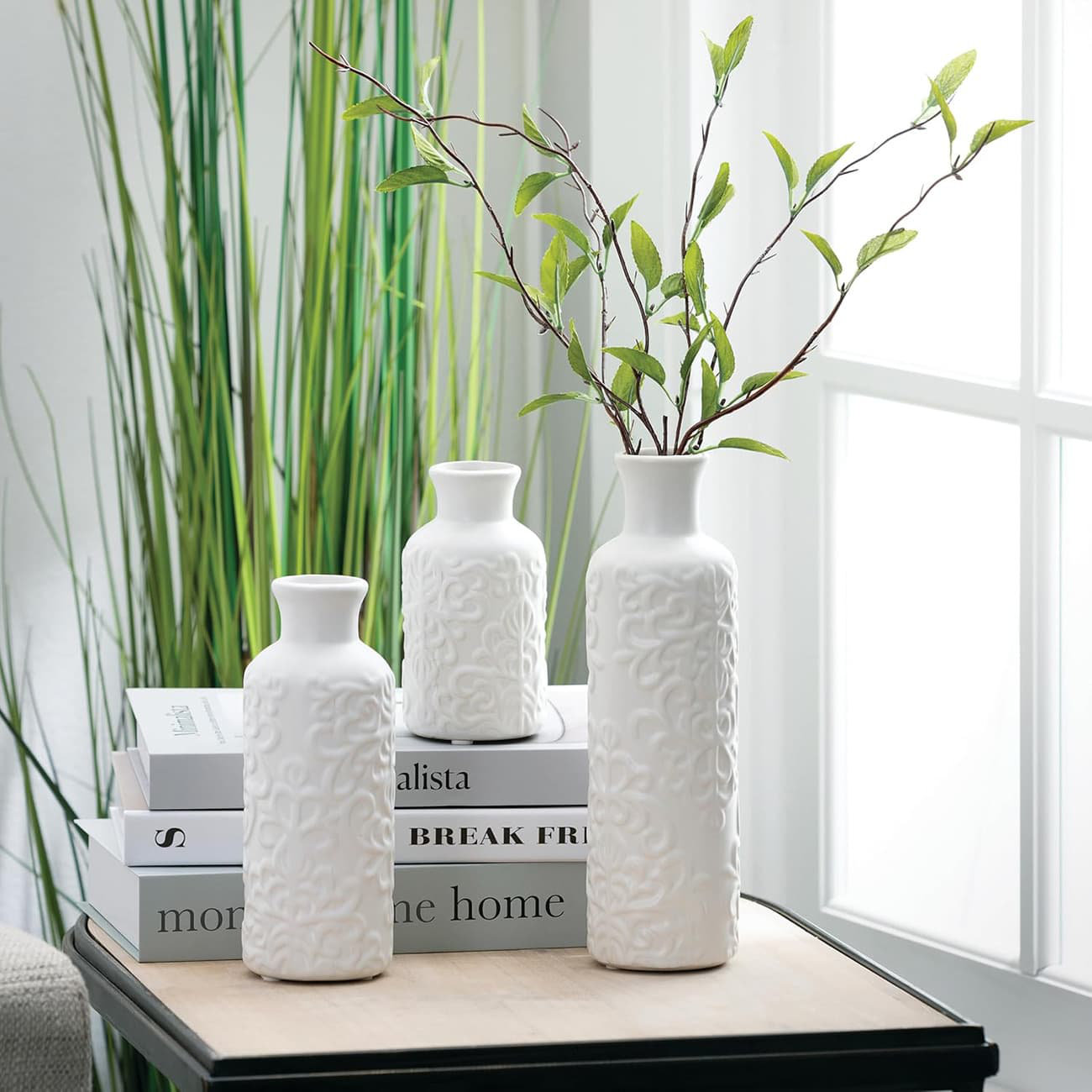 Lark Manor™ Set of 3 Small White Embossed Matte Ceramic Vases - Ideal ...