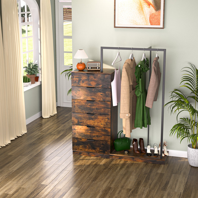 17 Stories Latissia 55"W Cloth Rack With 6-Drawer Dresser And Charge ...