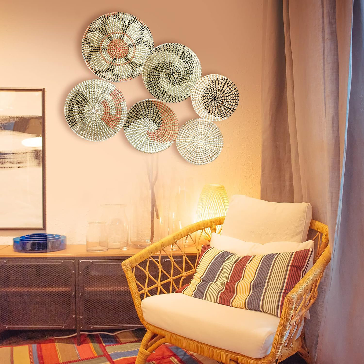 Bungalow Rose 6 Pieces Boho Round Wall Basket Decor set,Hanging Woven ...