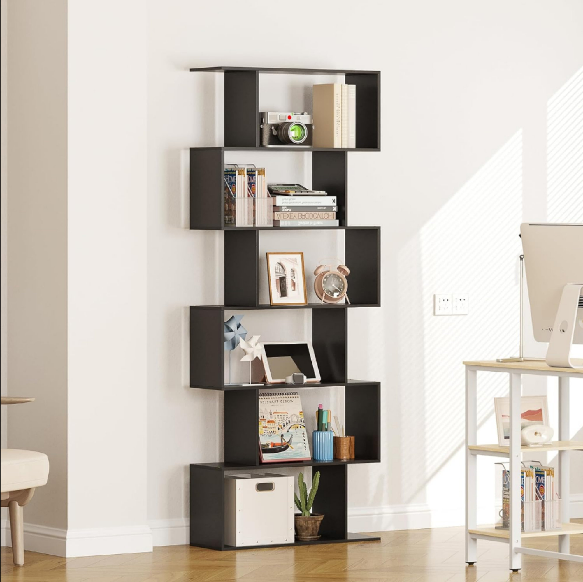 Wrought Studio 6-Tier Geometric Wood Bookcase - Freestanding S-Shaped ...
