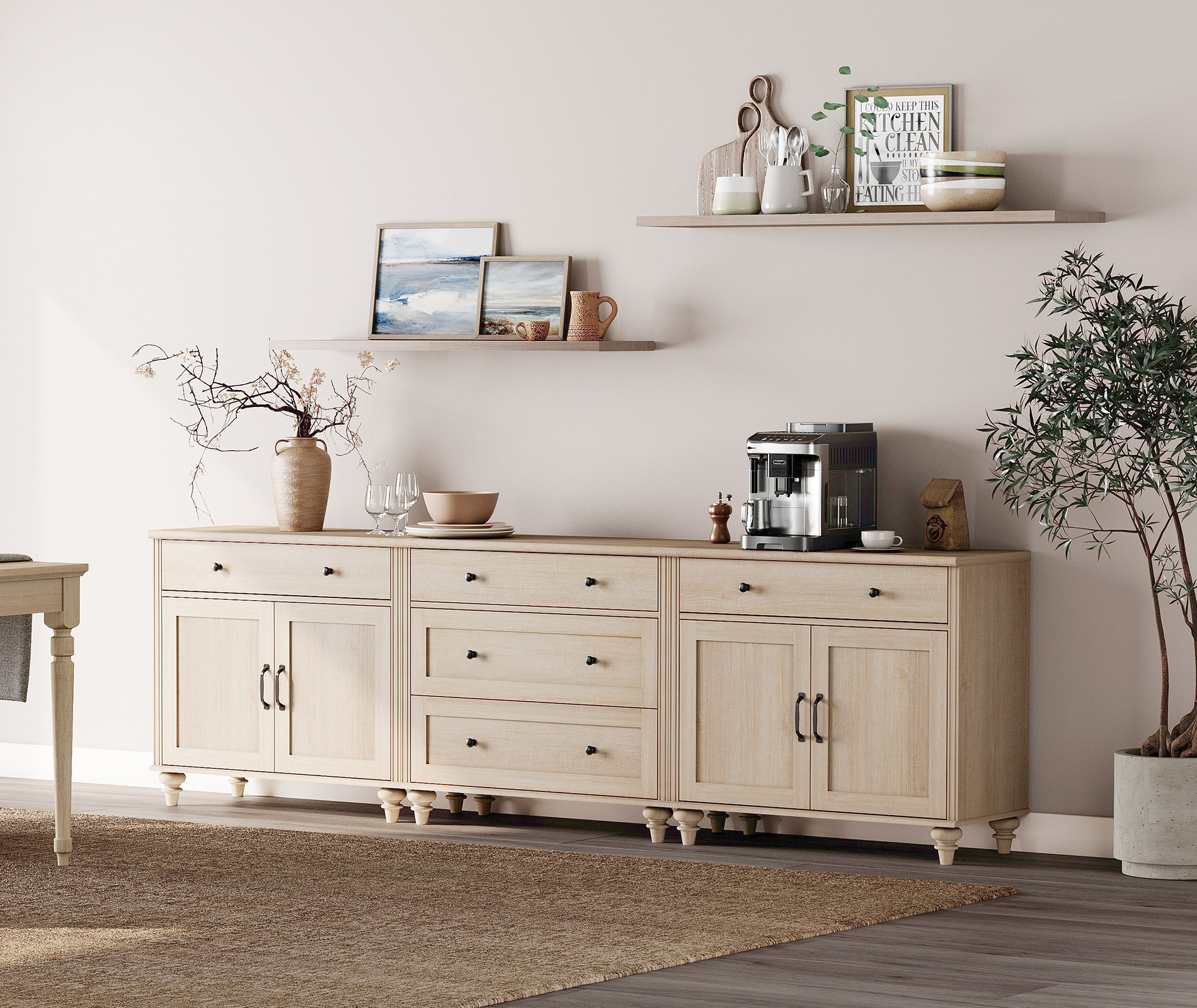 Charlton Home® Scarlett Sideboard Cabinet With 5 Drawers And 4 Doors, Vintage Wood Grain Design ...