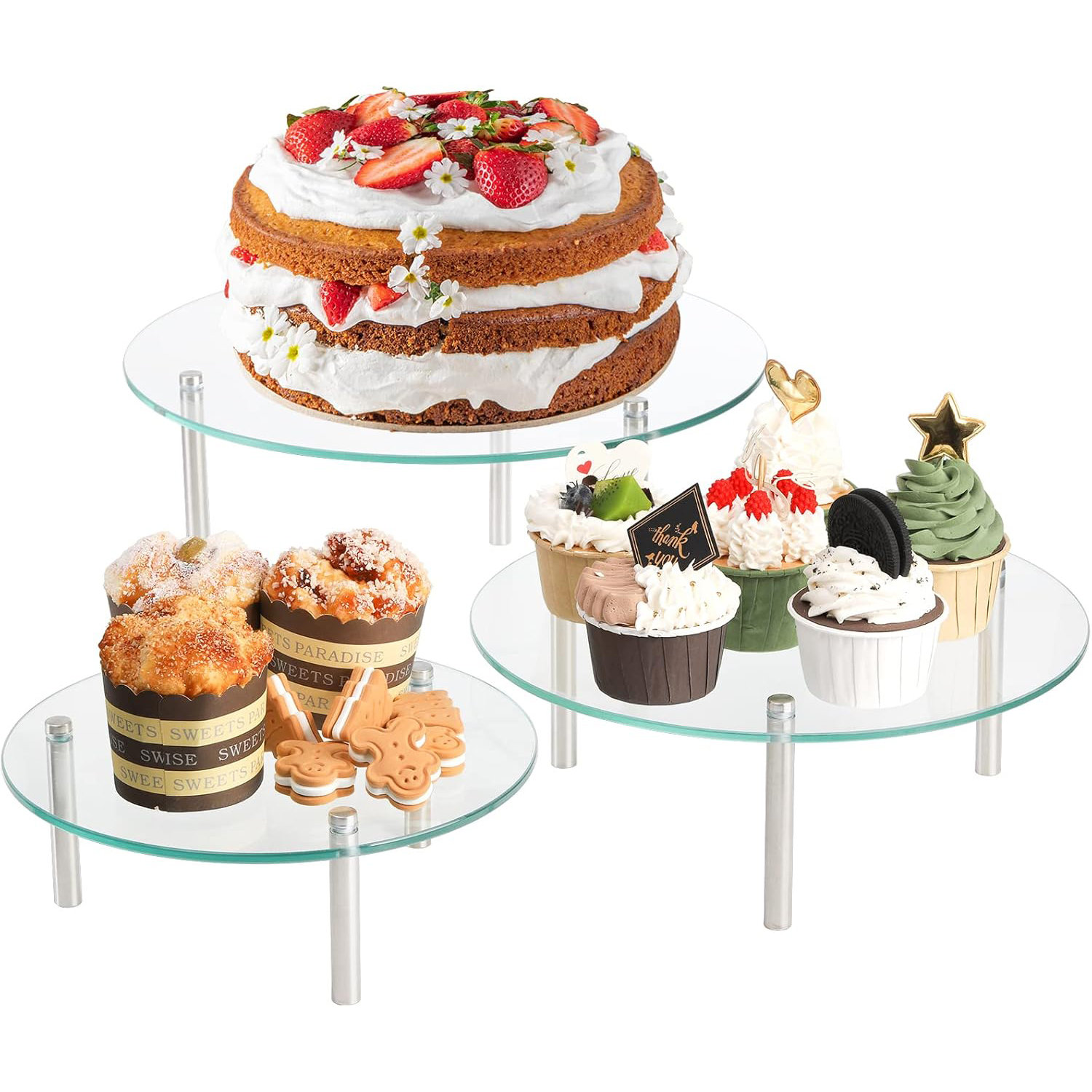The Party Aisle™ 3 Pcs Tempered Glass Cupcake Stands, 9,11,12.6 Inch ...