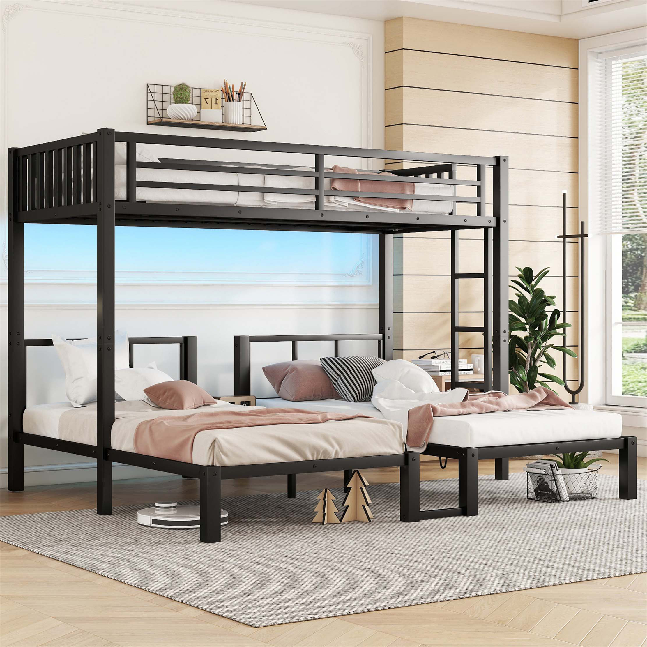 17 Stories Bunk Bed With LED, Metal Triple Bunk Beds With Charge ...