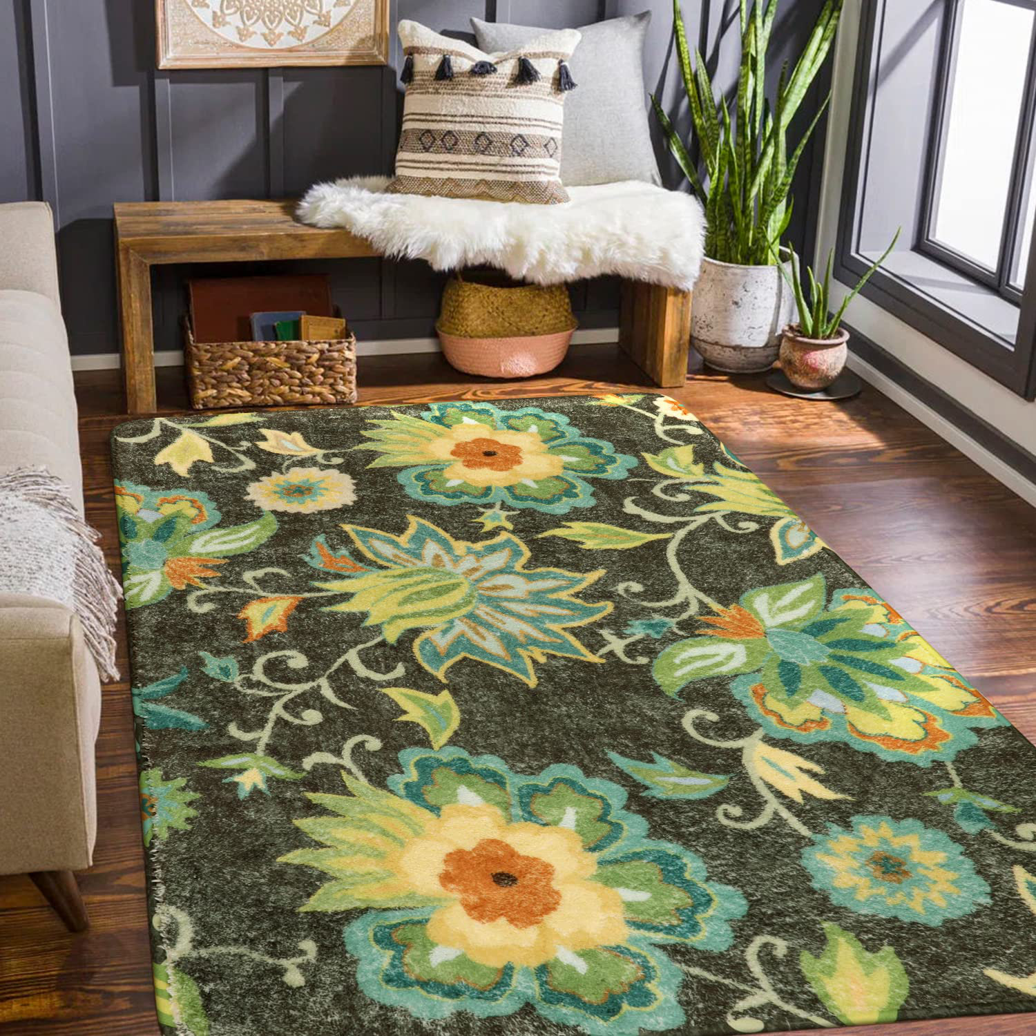 VOMGEB1 Floral Fall Rug, 3x5 Non-Slip, Stain-Resistant Kitchen Area Rug ...