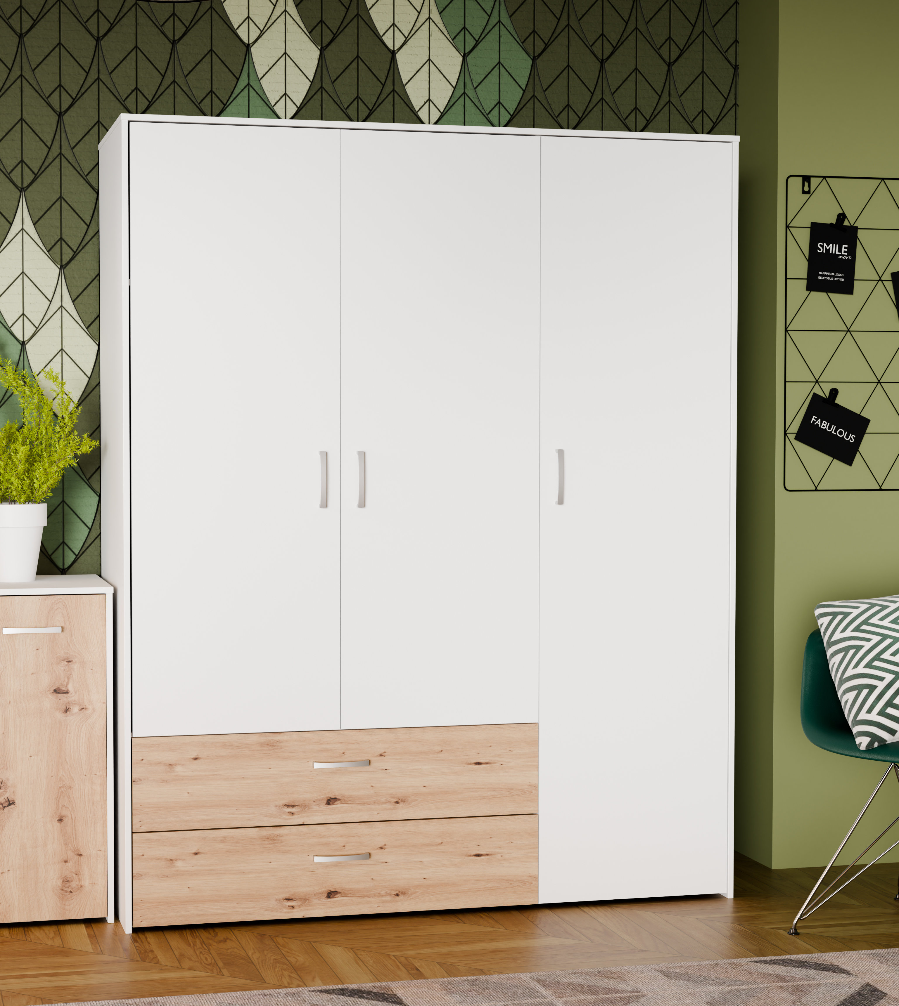17 Stories 3 Door White Wardobe with shelves and clothes rail, 153cm W ...
