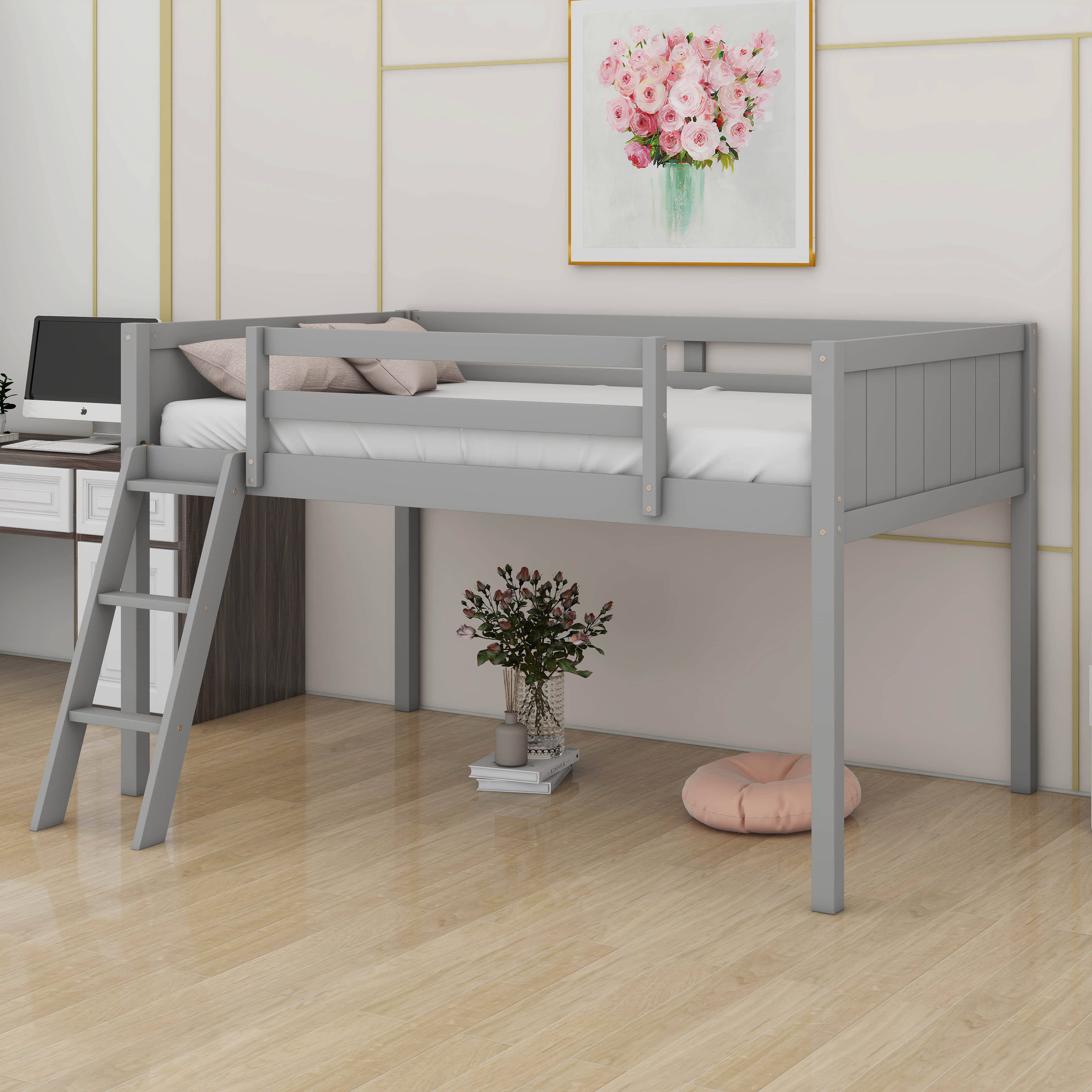 XINGXUANCHEN Lit mezzanine bas simple en bois avec échelle et garde ...