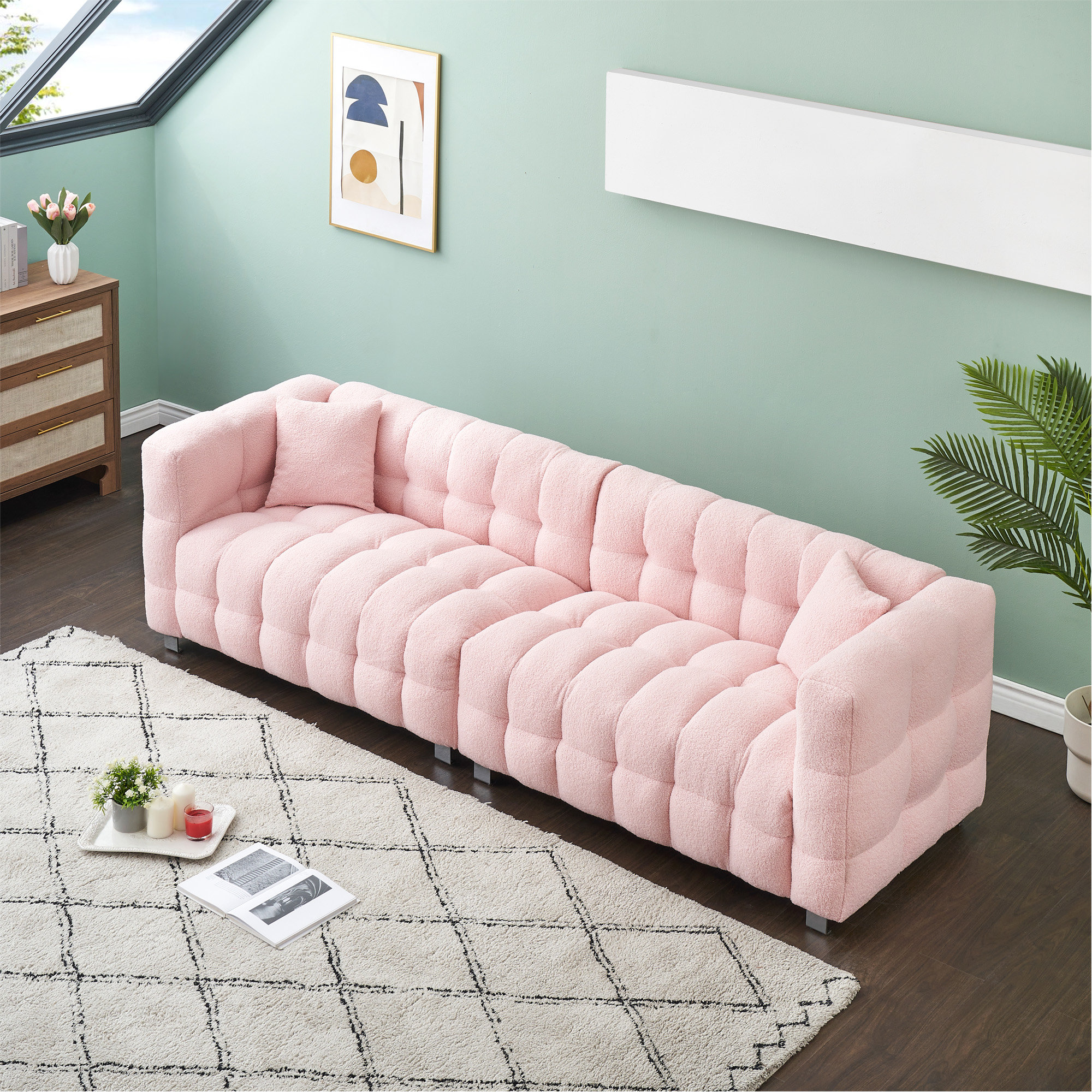 Mercer41 Charming 102-Inch Pink Teddy Fleece Sofa For Living Room ...