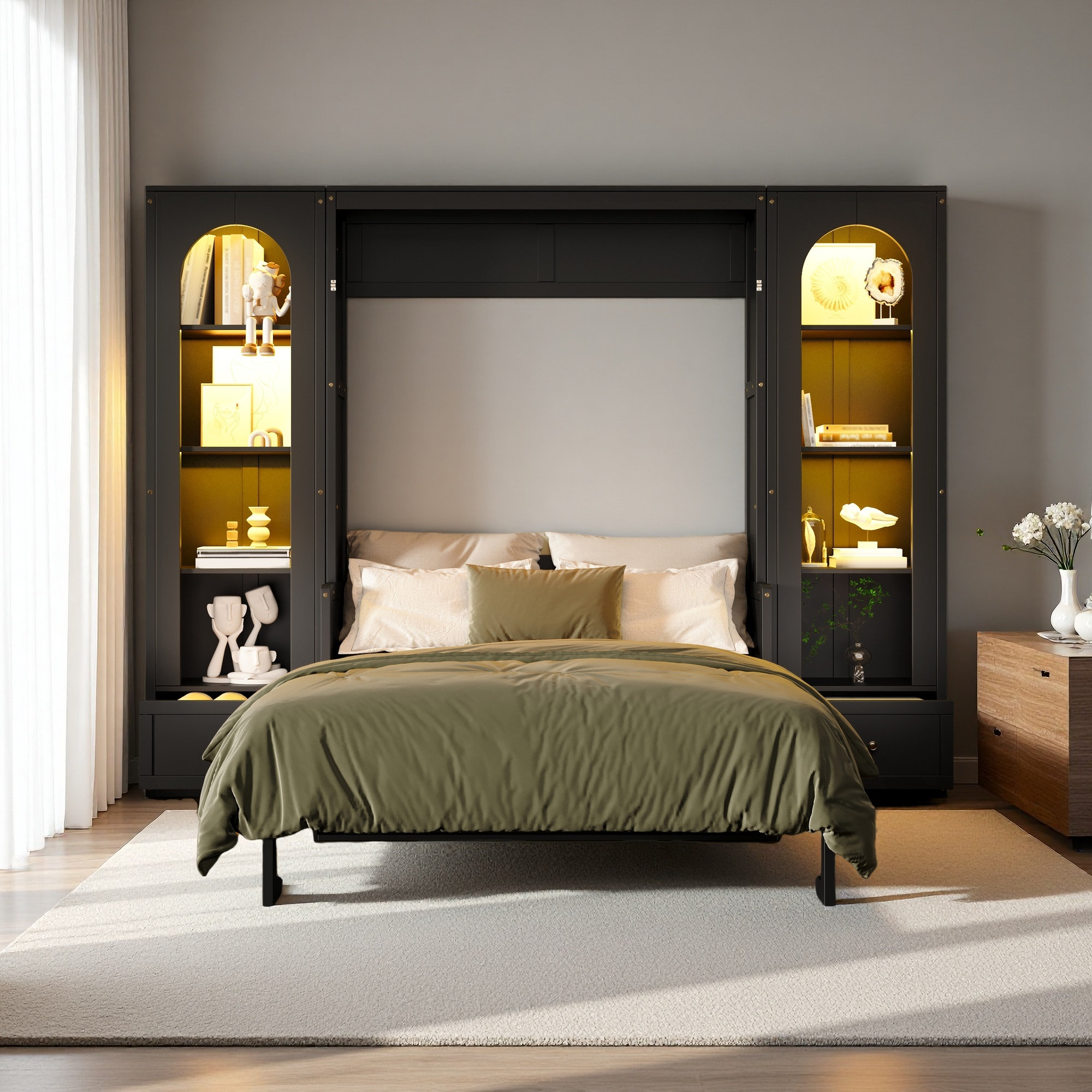 Orren Ellis Queen Size Murphy Platform Bed With Shelf, Side Cabinets ...