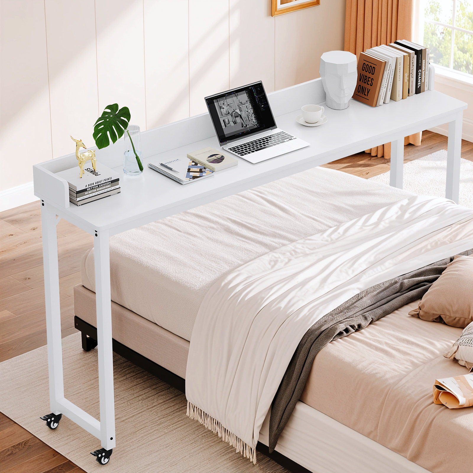 Inbox Zero Dakera 70.8'' W Overbed Table with Wheels, Rolling Bed Desk, Writing Desk for Queen ...