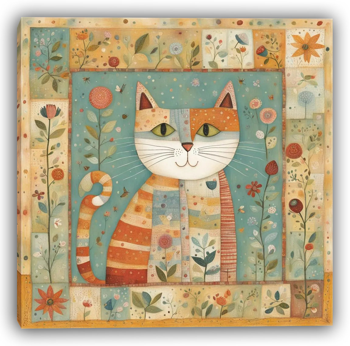 Winston Porter Patchwork Kitty Garden - Folk Art Cat in Colorful Quilt ...
