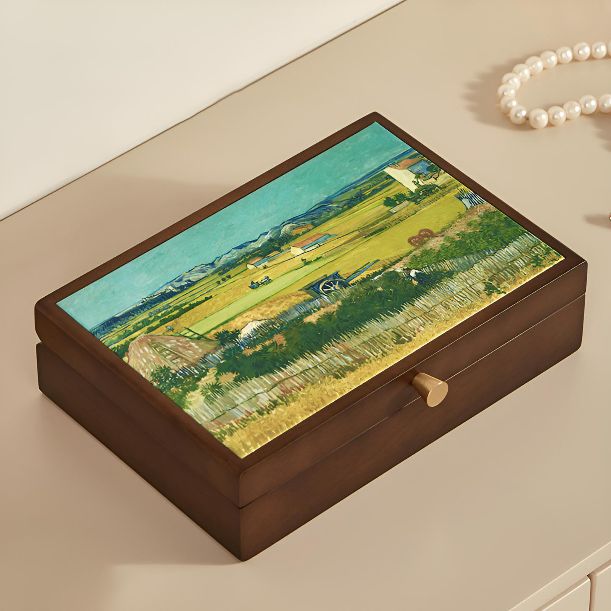 August Grove® Oil Painting Style Solid Wood Light Luxury Jewelry Box ...