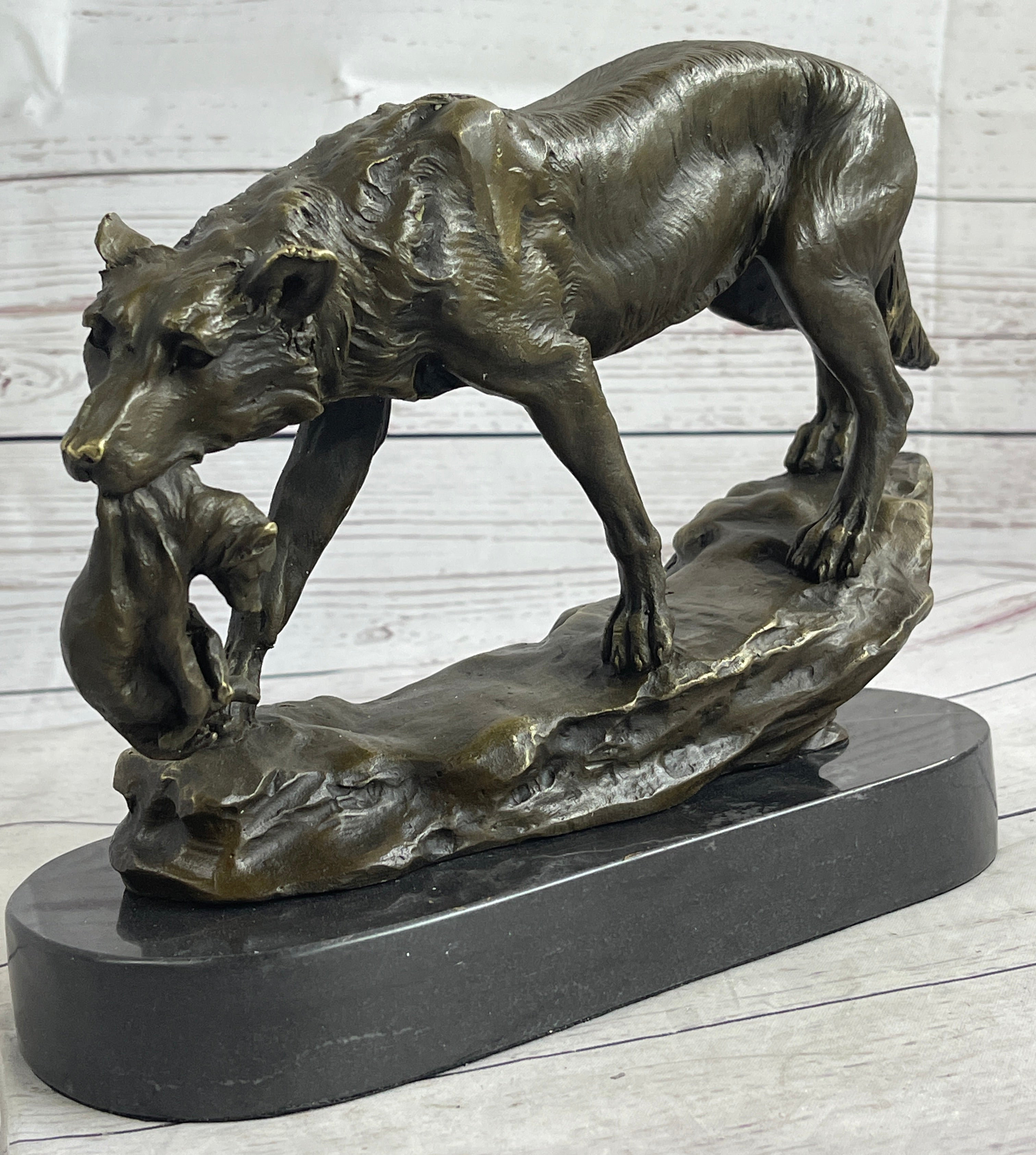 Loon Peak® Abobaker Wolf Carrying Cub Bronze Metal Statue Sculpture ...