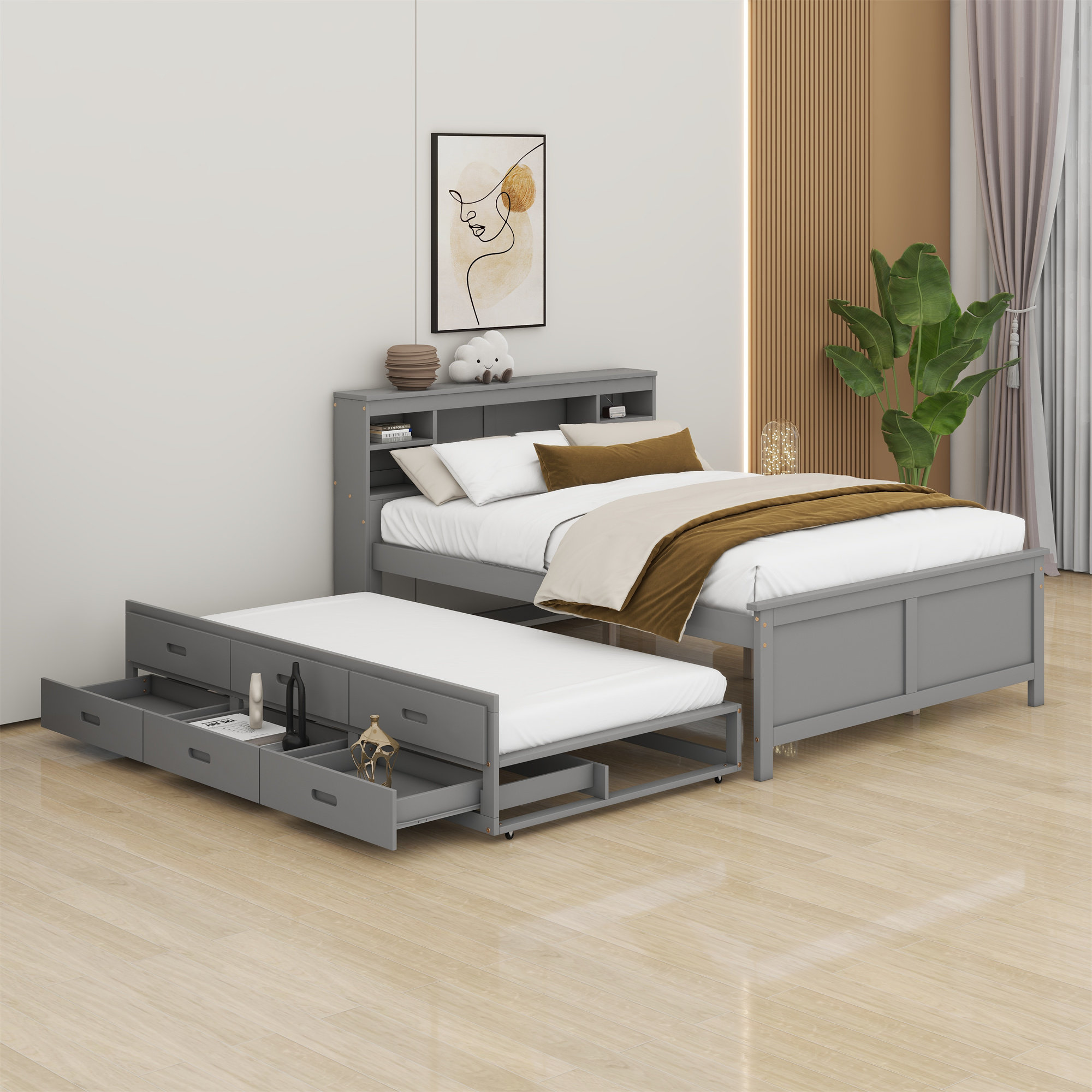 Red Barrel Studio® Platform Bed With Storage Headboard, USB, Trundle ...