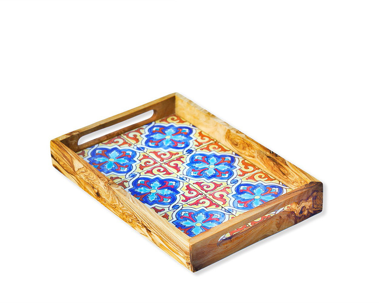 KAMSAH Large Handcrafted Olive Wood and Ceramic Tile Serving Tray with Ergonomic Handles - 6 ...