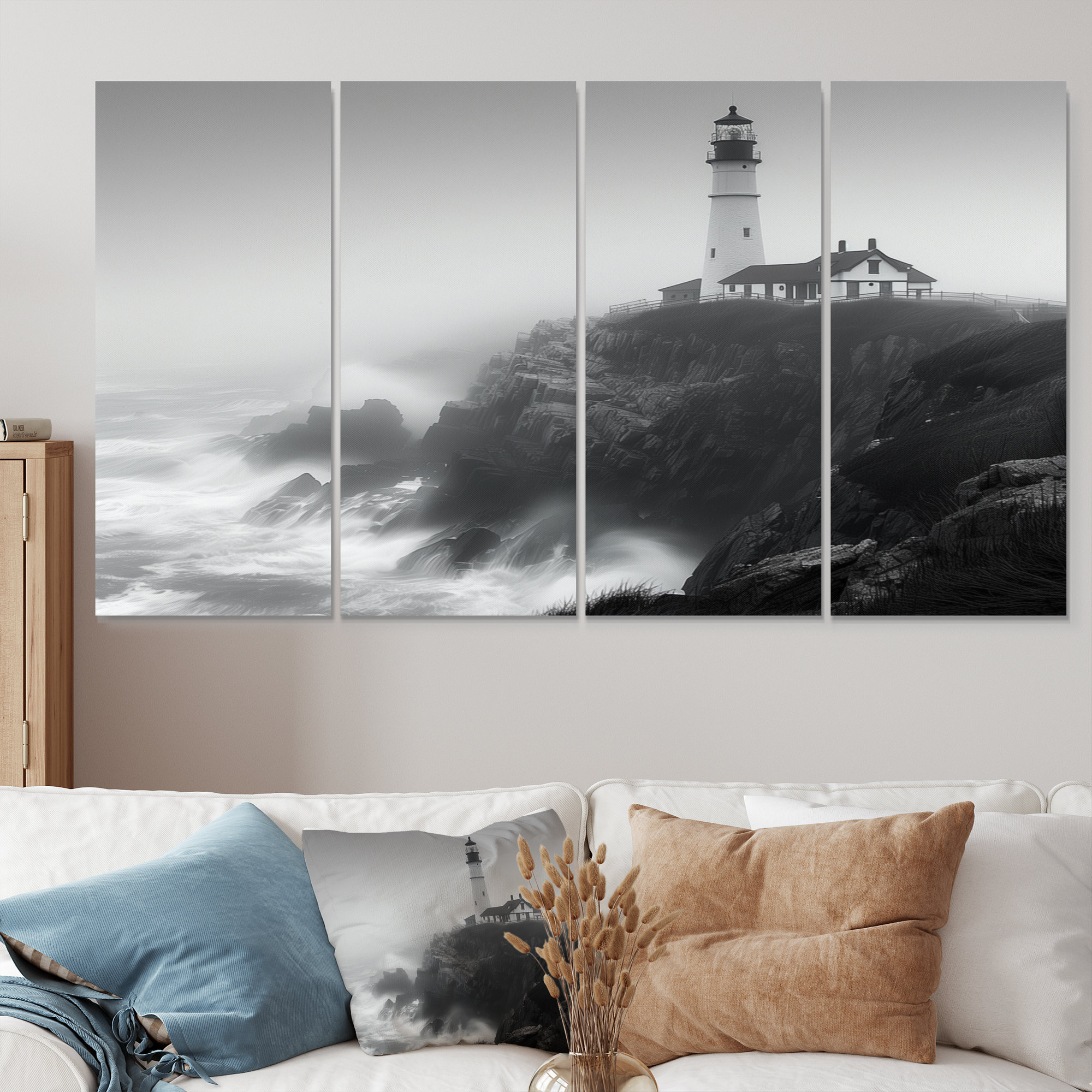 Breakwater Bay Monochrome Lighthouse Winter Fog Cliff II - Lighthouses ...