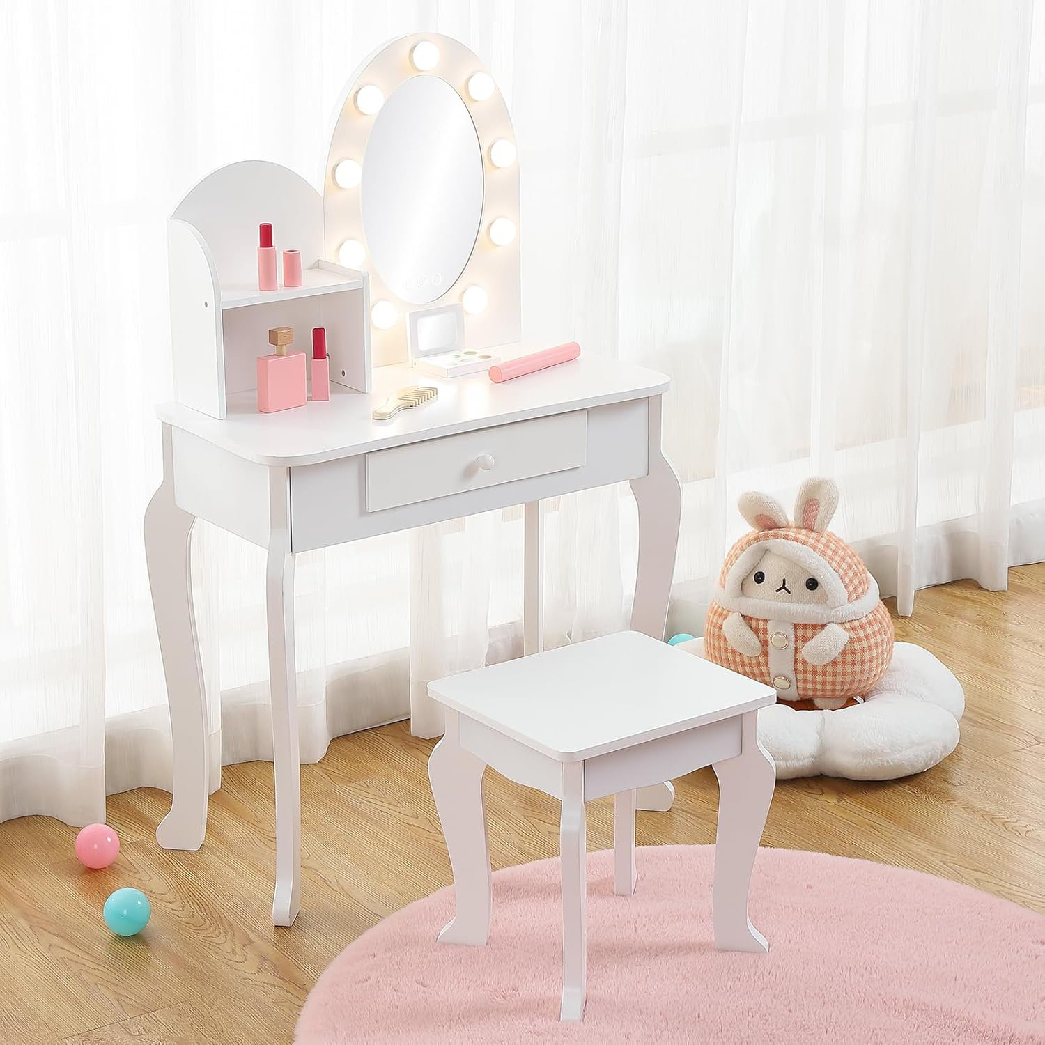 Harriet Bee Kids' Vanity Table with Lighted Mirror & Stool, Wooden ...