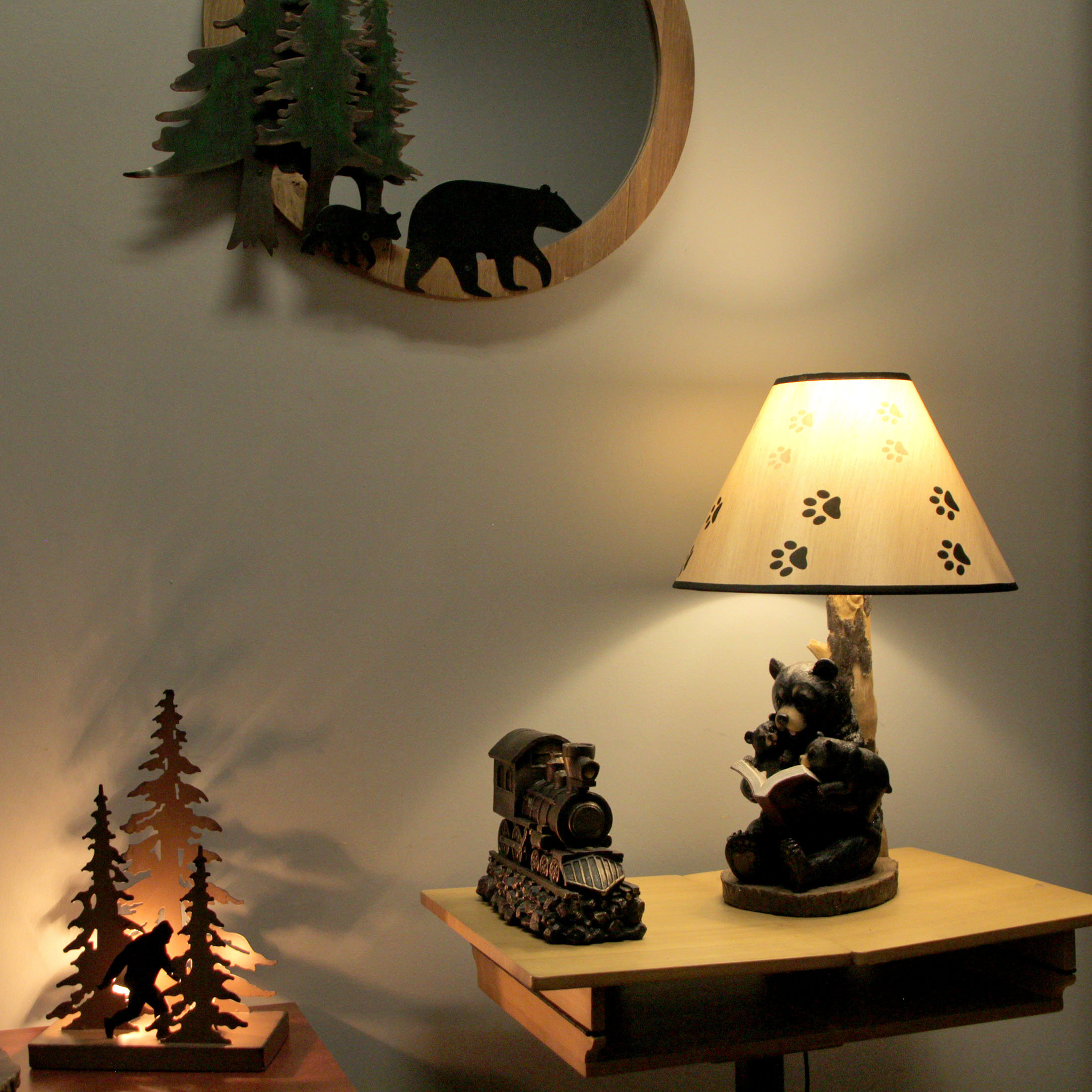 Trinx Black Bear Reading To Curious Cubs Table Lamp W/Paw Print Shade ...