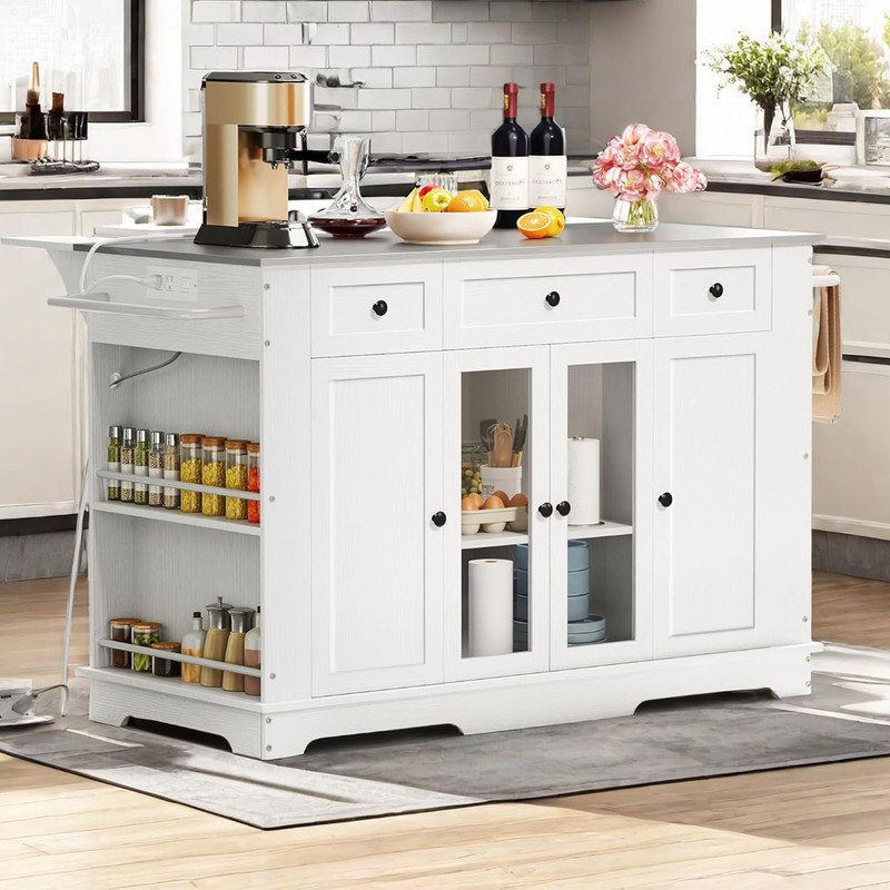 Red Barrel Studio Kitchen Island with Stainless Steel Top & Power ...