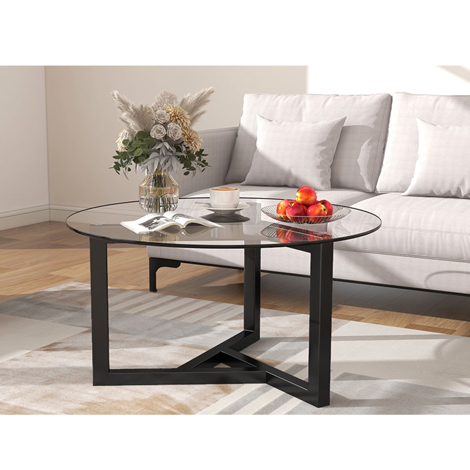 Ivy Bronx Black Round Glass Coffee Table With Tempered Glass Top And ...