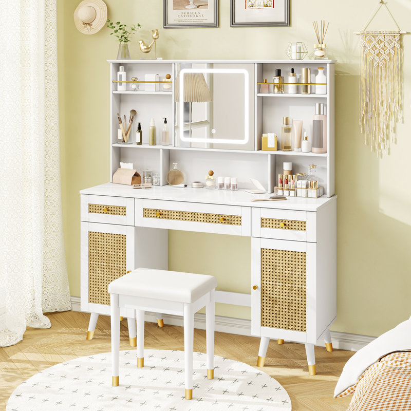 Willa Arlo™ Interiors Frohna Rattan Door Makeup Vanity Desk with Mirror ...