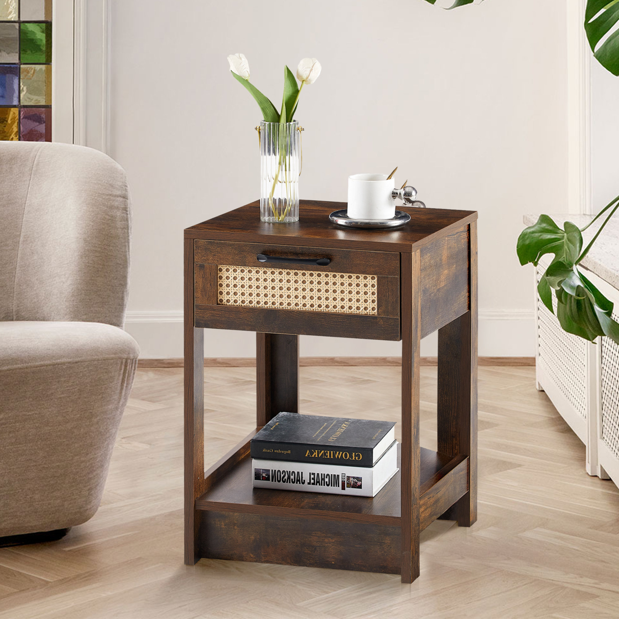 Bay Isle Home™ Alpern 15.75" Wide End Table With Rattan Drawer, WIth ...